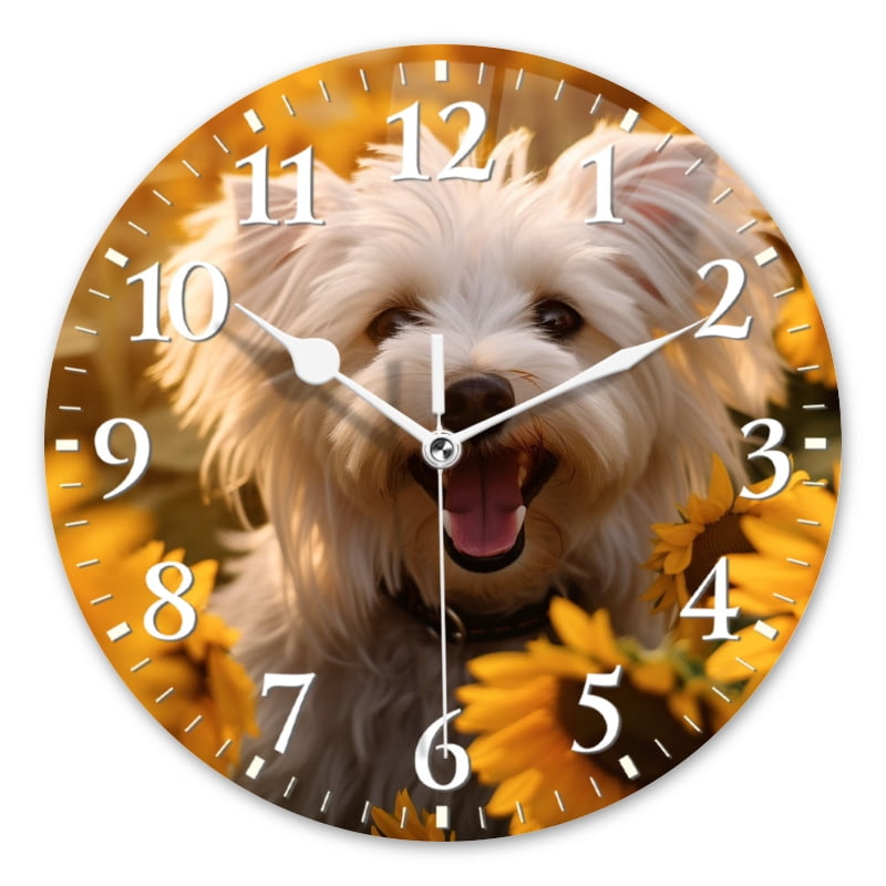Round Wall Clock,White Maltese Dog With Mouth Open,Silent Non-Ticking ...