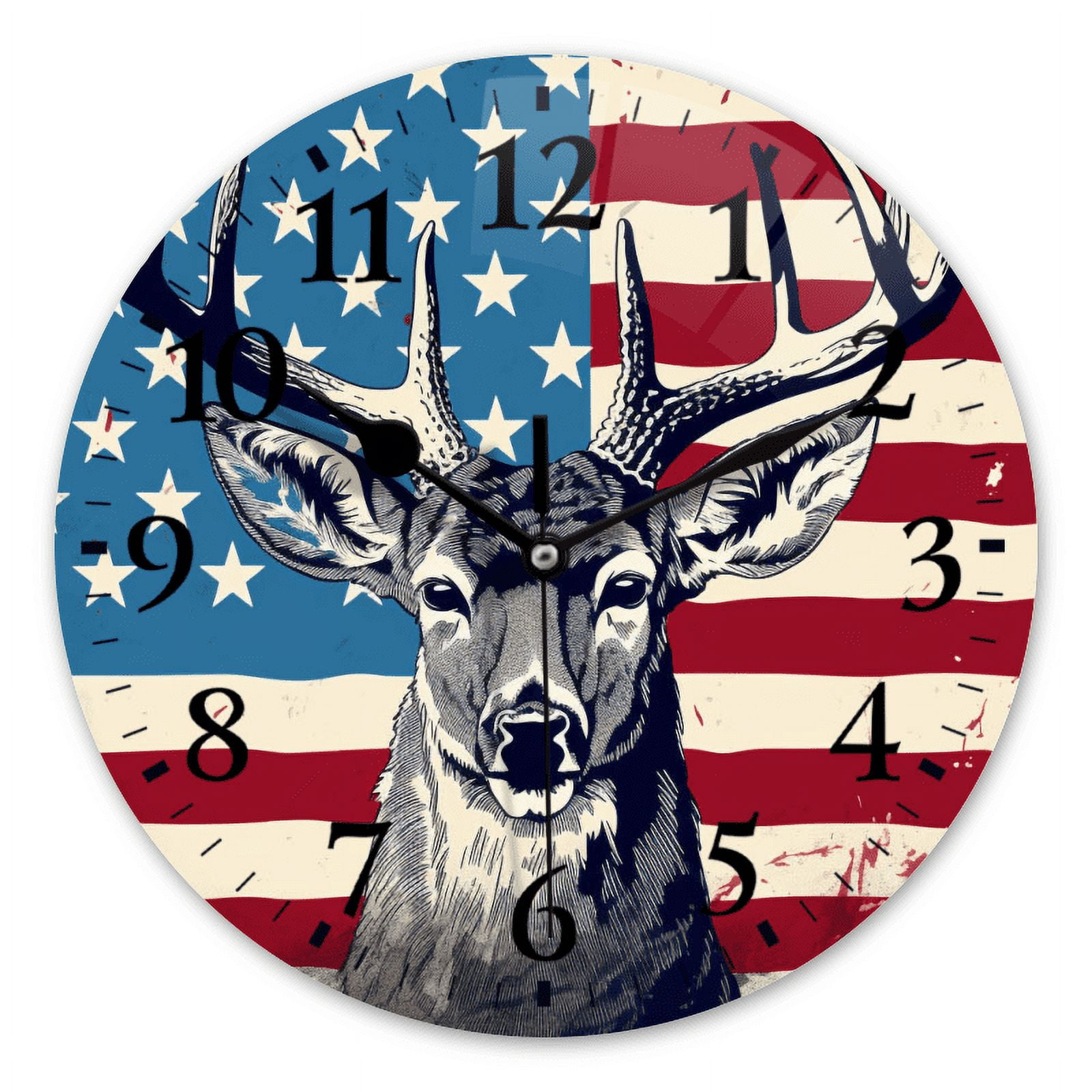 Round Wall Clock,White-Tailed Deer In Front Of American Flag,Silent Non ...