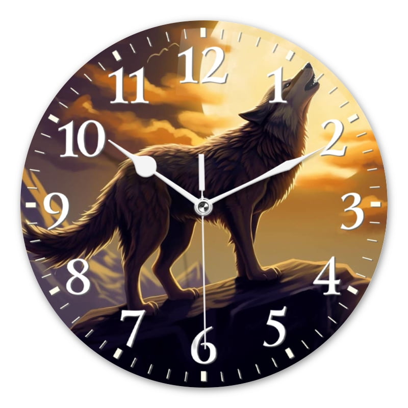 Round Wall Clock,Wolf Howled In Front Of The Mountain Under The Full Moon,Silent Non-Ticking ...