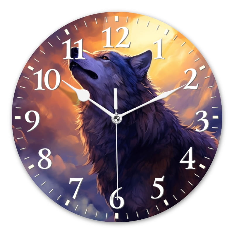 Round Wall Clock,Wolf Howling At The Moon With Beautiful Night Sky,Silent Non-Ticking Wall Clock ...