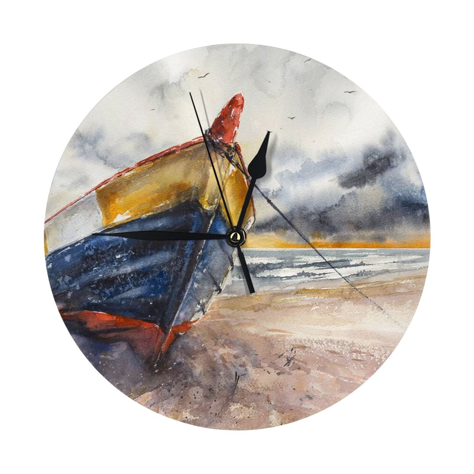 Round Wall Clock Wooden Boat On The Baltic Shores Printed Decorative ...