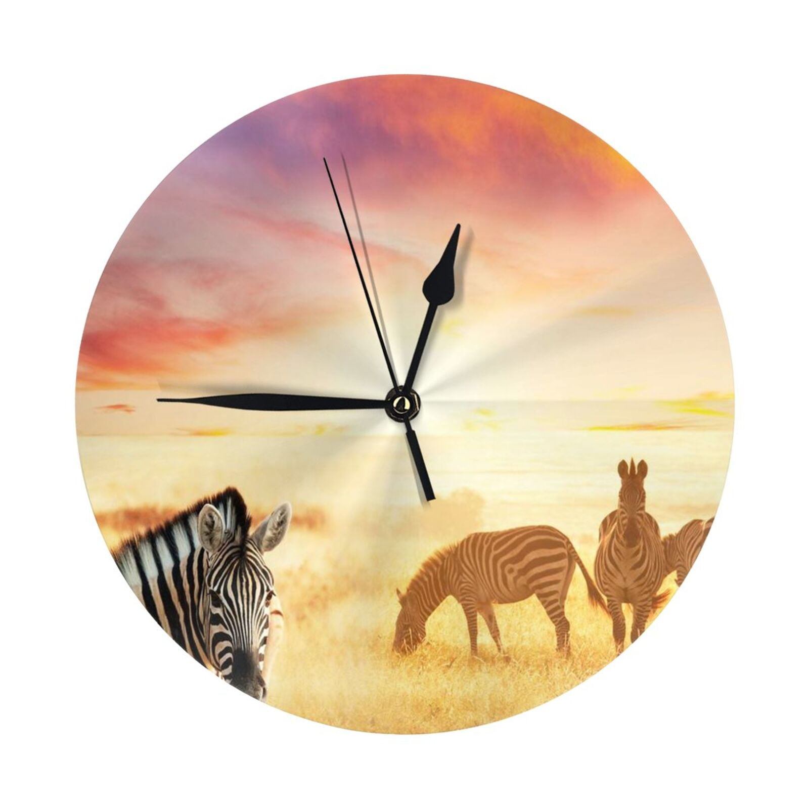 Round Wall Clock Zebras Grazing In Grassland Printed Decorative ...