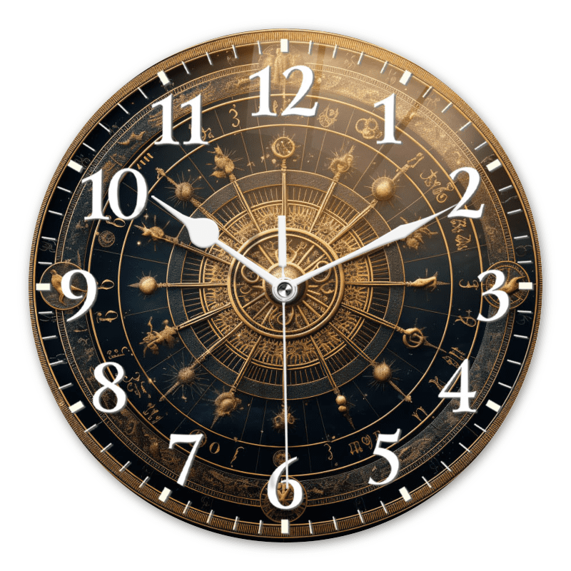 Round Wall Clock,Zodiac Wheel Surrounded By Golden Astrological,Silent ...