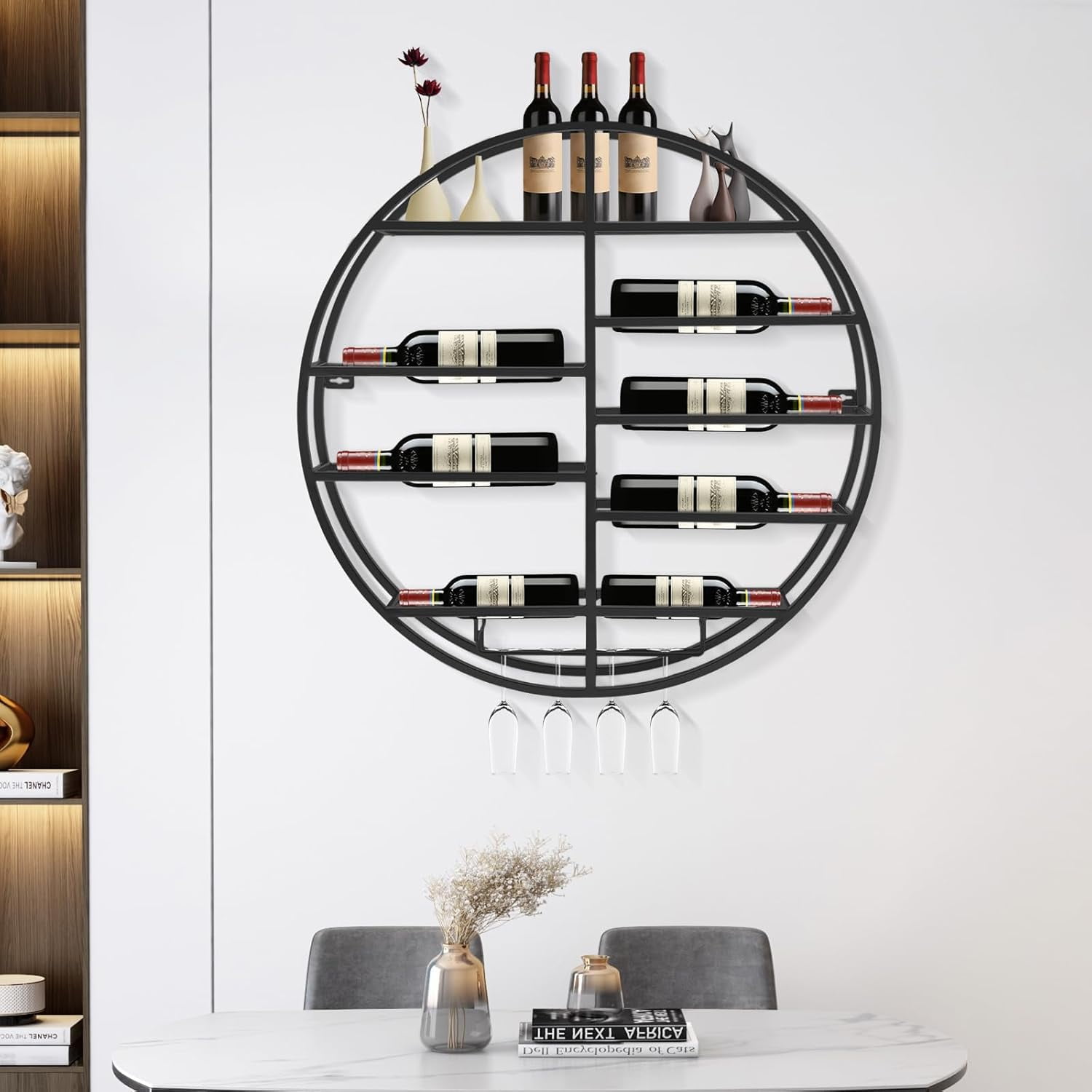 Round Wall Mounted Wine Rack 23.6 Inch, Metal Wine Display Rack Wine ...