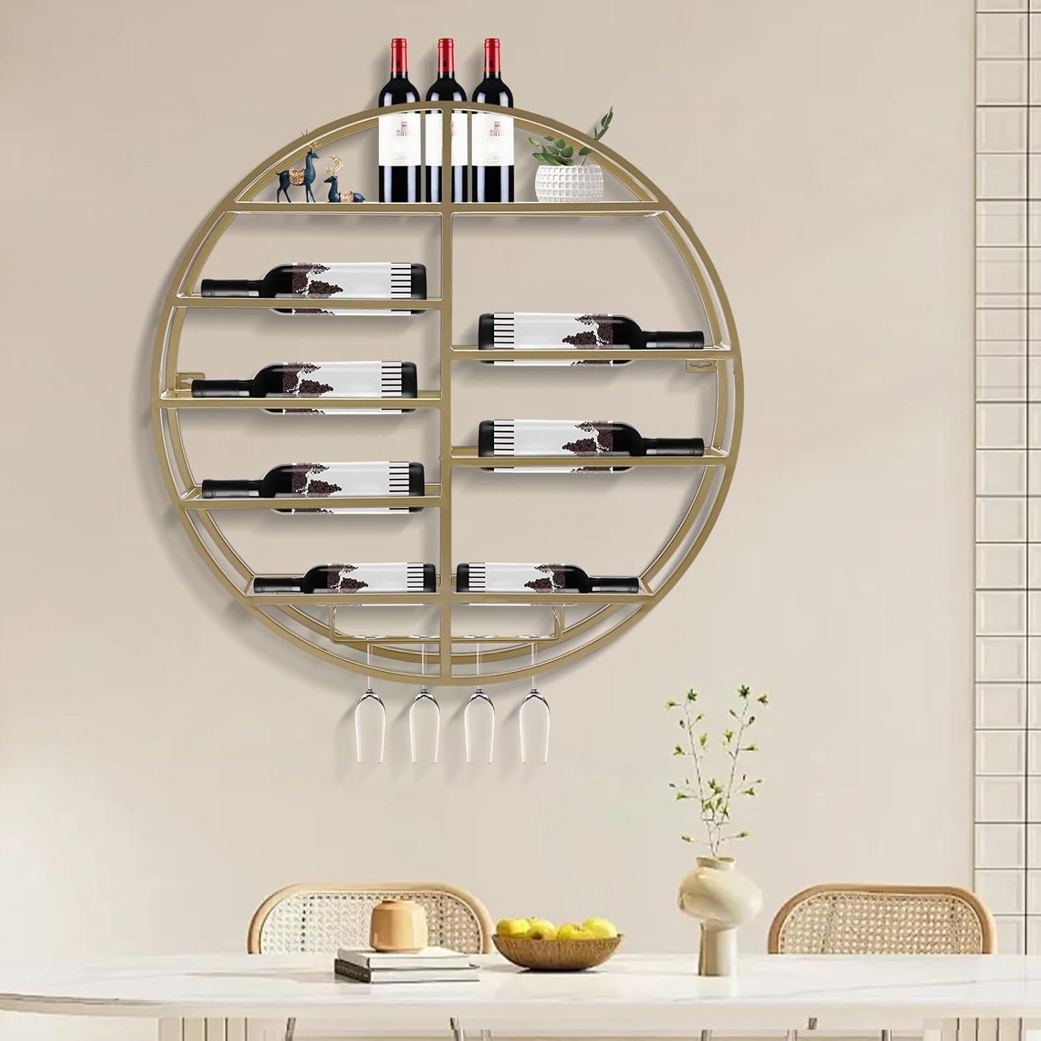 Round Wall Mounted Wine Rack 23.6 Inch, Metal Wine Display Rack Wine ...