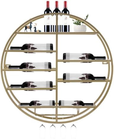 Round Wall Mounted Wine Rack with Glass Holder, 23.6 Inch Vintage Wine ...