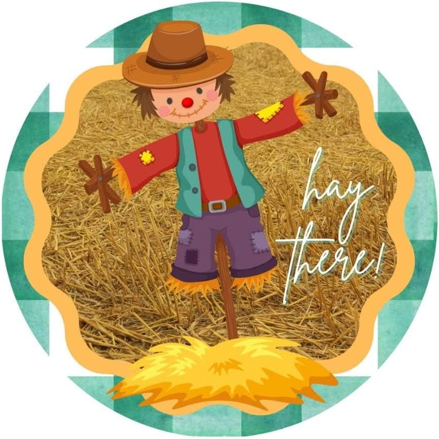 Round Wall Plaque Fall Scarecrow Farmhouse Sign Hay There Teal Plaid ...