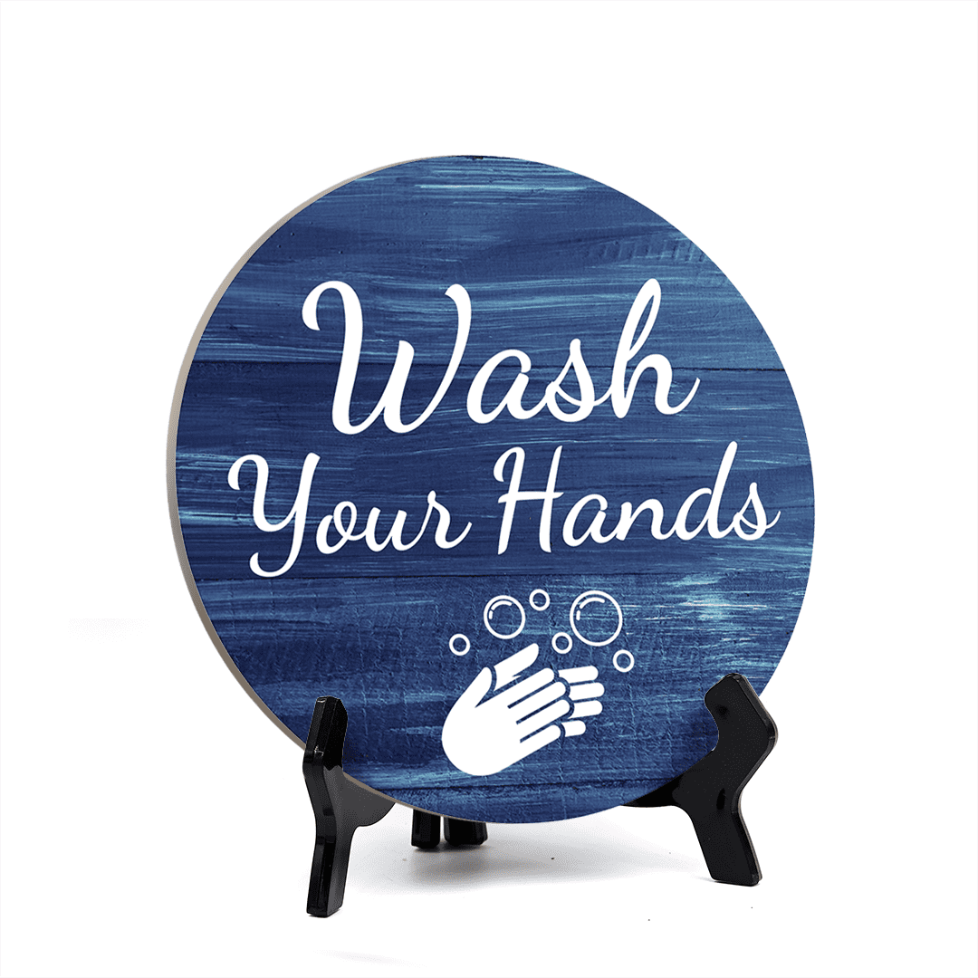 Round Wash Your Hands, Washed Blue Wood Color Bathroom Table Sign with ...