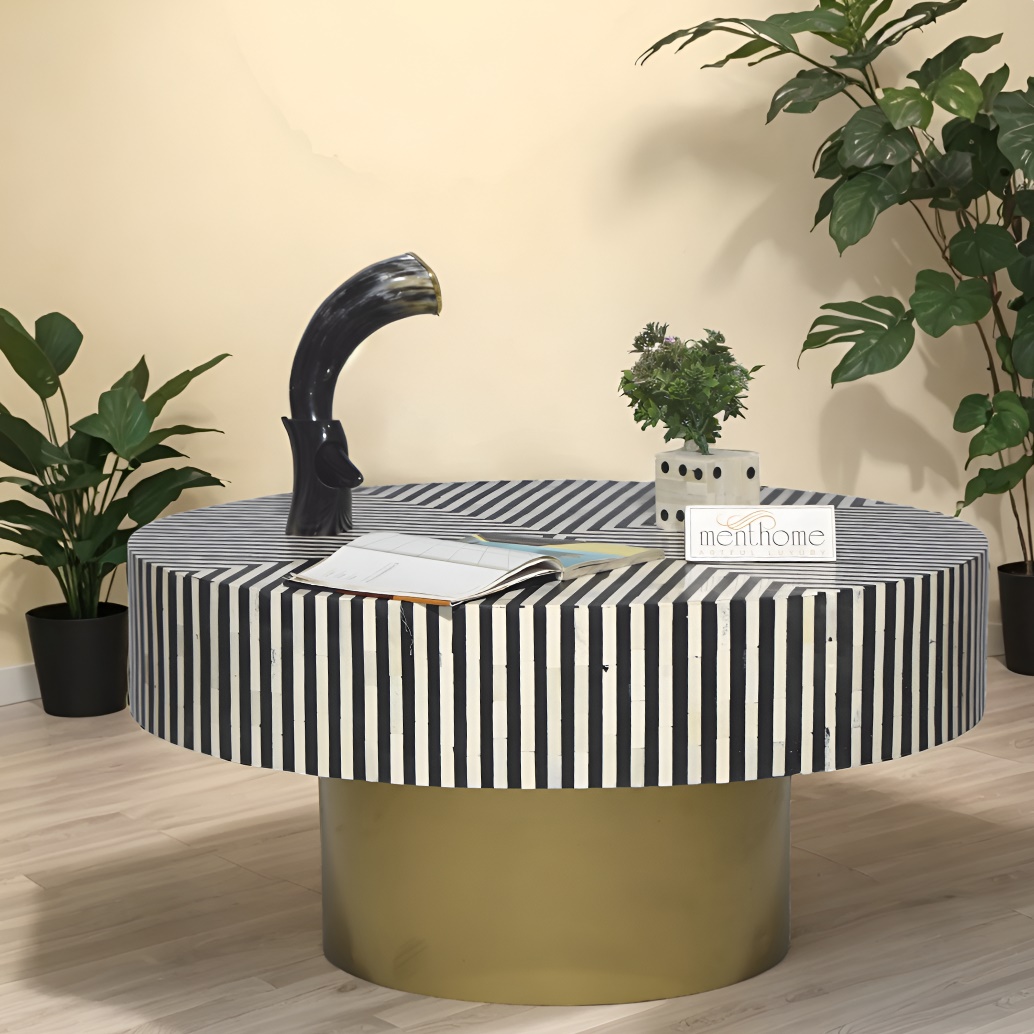 Round Waterfall Pattern Bone Inlay Coffee Table with Brass Base ...
