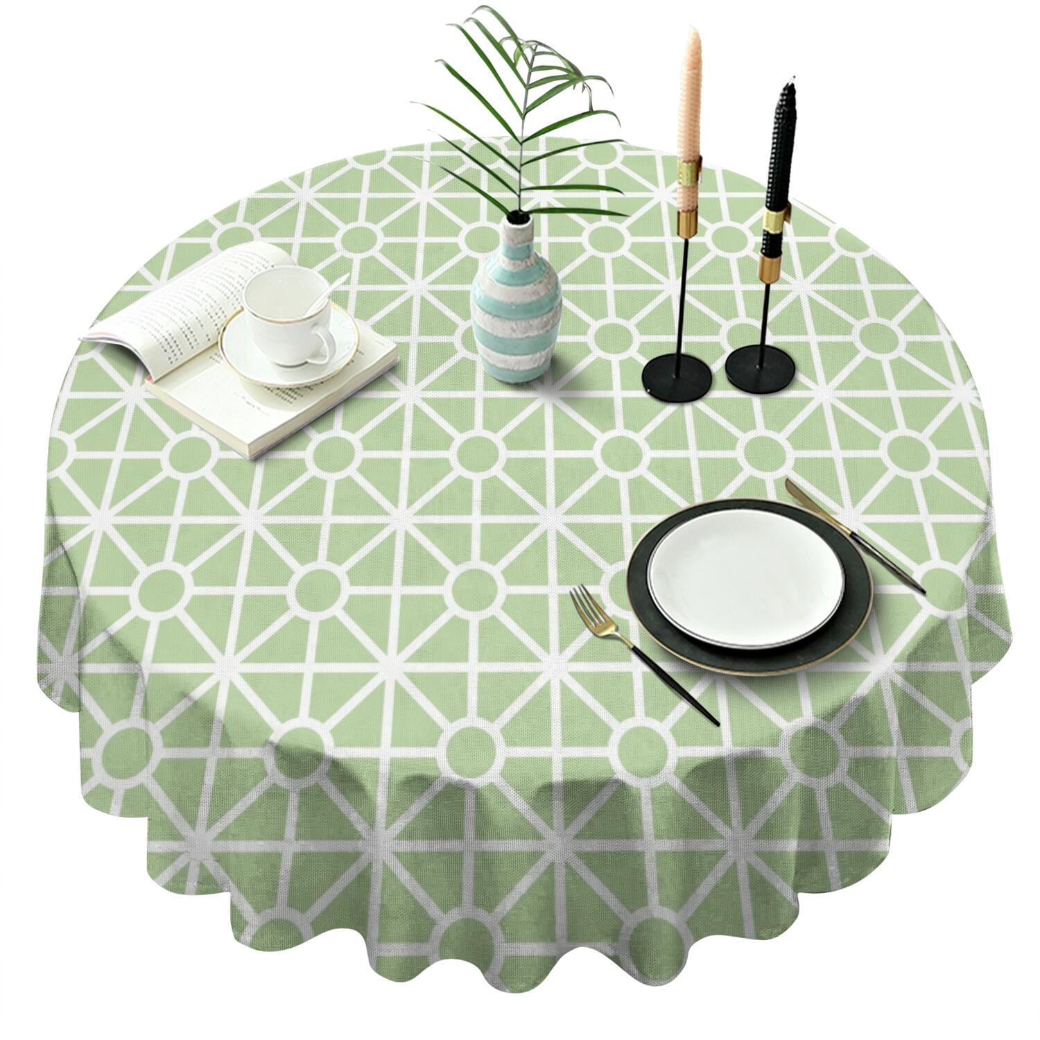 Round Waterproof Green Geometry Tablecloth Reusable Washable Weight ...