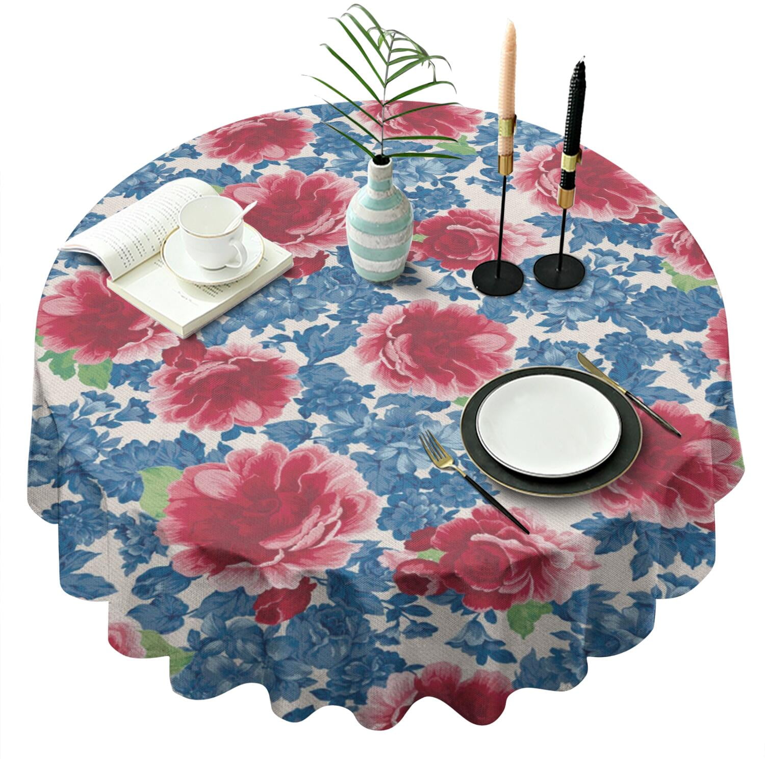 Round Waterproof Pioneer Pink Blue Rose Tablecloth Reusable Washable ...