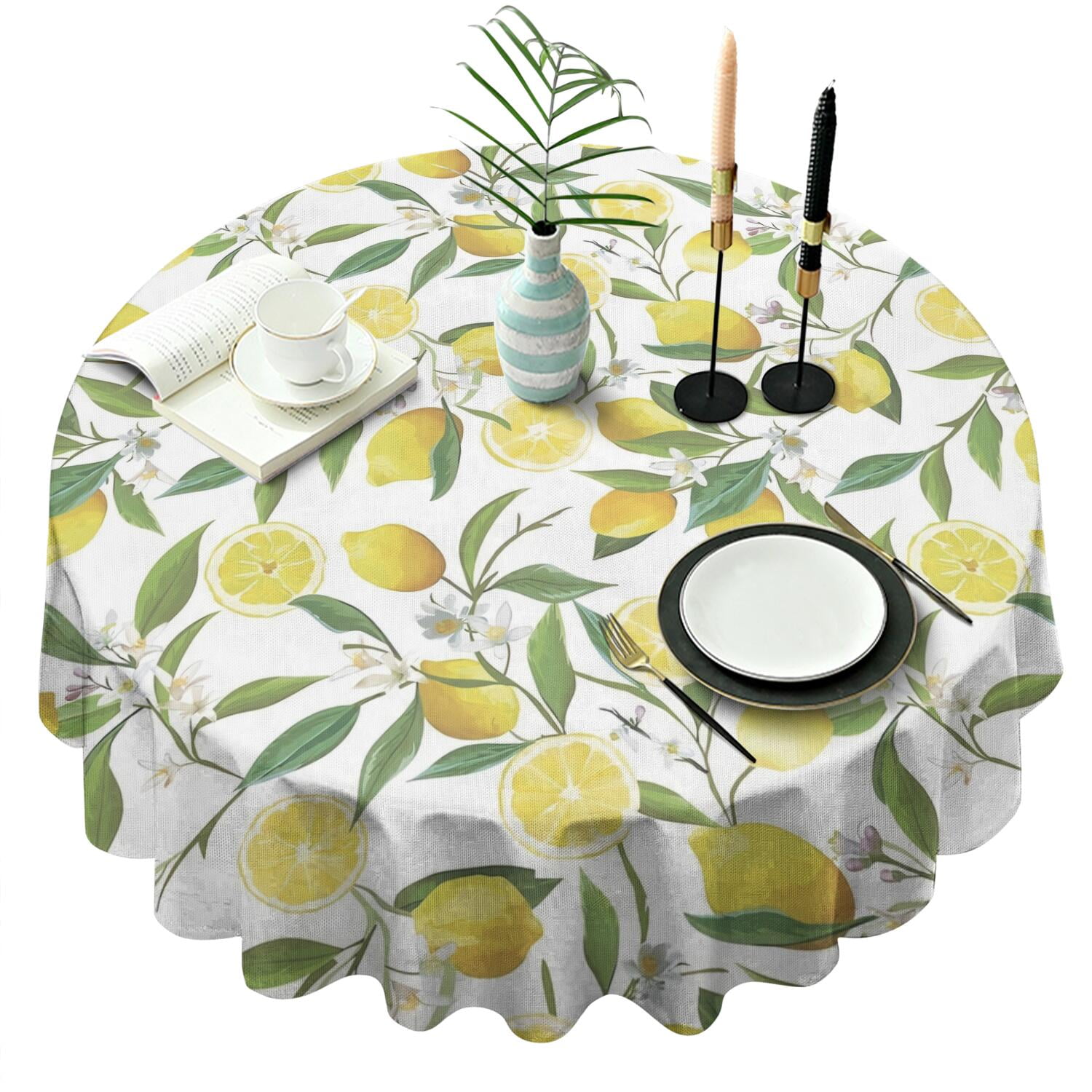 Round Waterproof Tablecloth Yellow Lemon Reusable Indoor/Outdoor ...