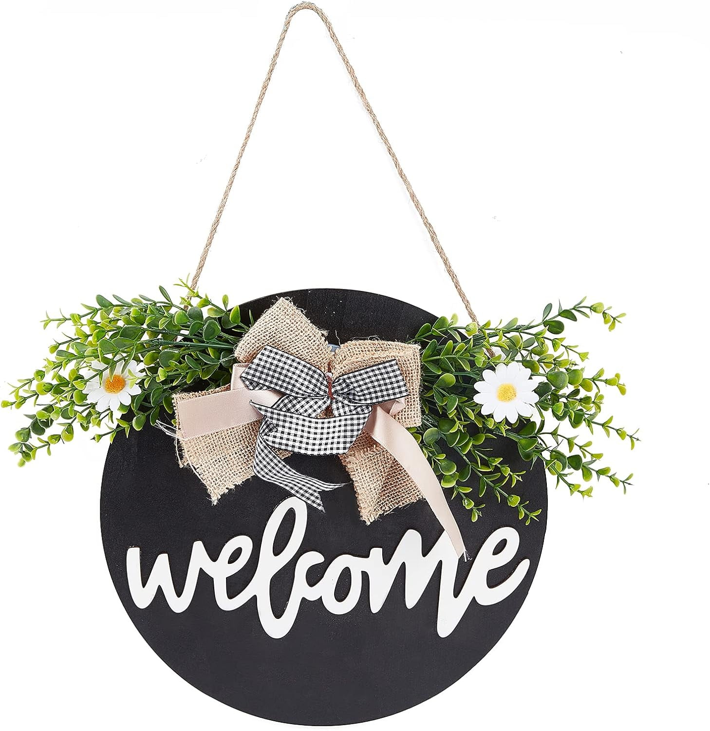 Round Welcome Sign with Artificial Eucalyptus Wooden Sign for Front ...