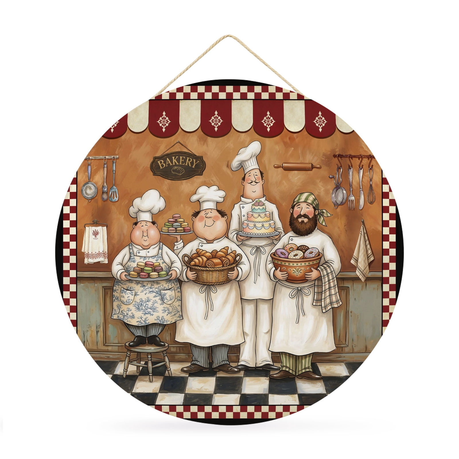 Round Welcome Sign for Front Door, Kitchen Chefs Hanging Metal ...