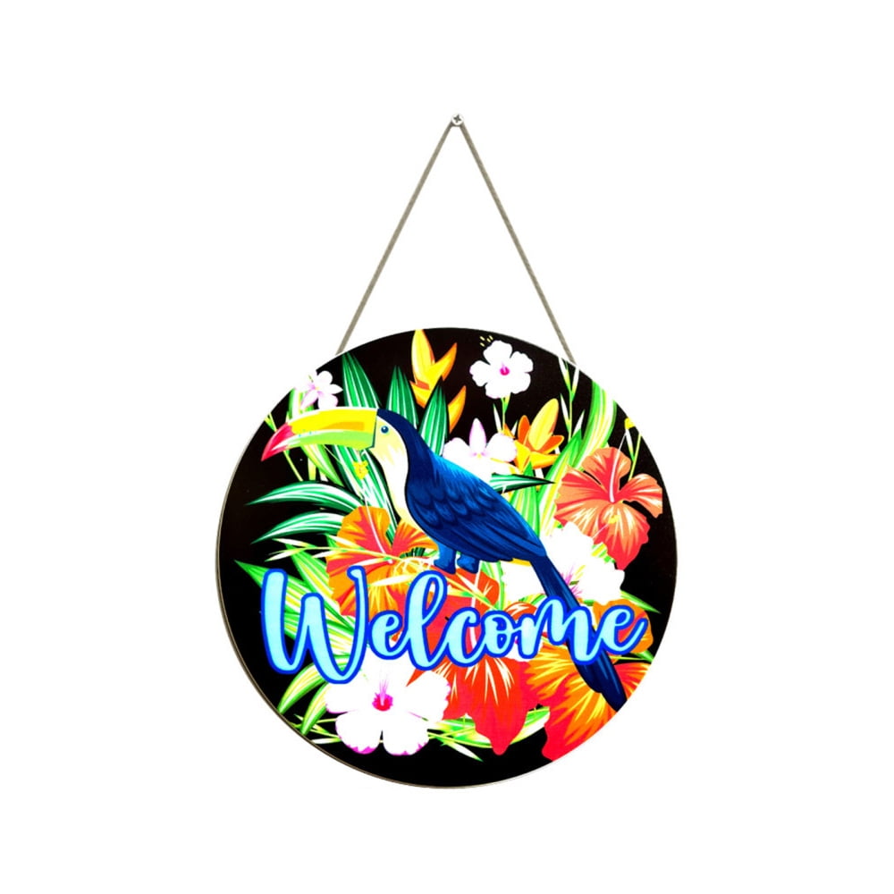 Round Welcome Sign Tropical Style Birds Metal Plate Hanging Wall Art ...