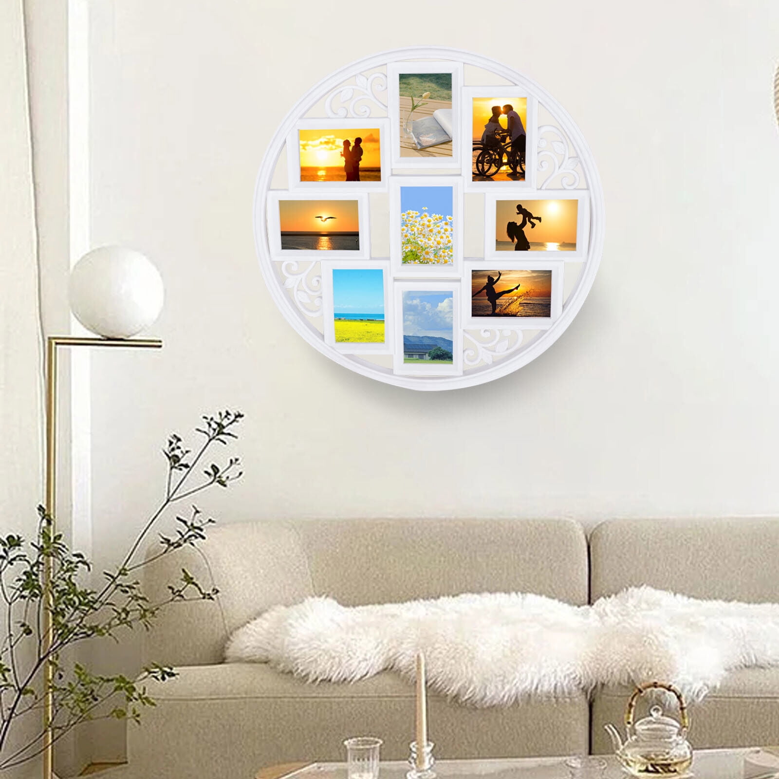 Round White Photo Frame Wall Hanging Photo Collage Frame with Leaf ...