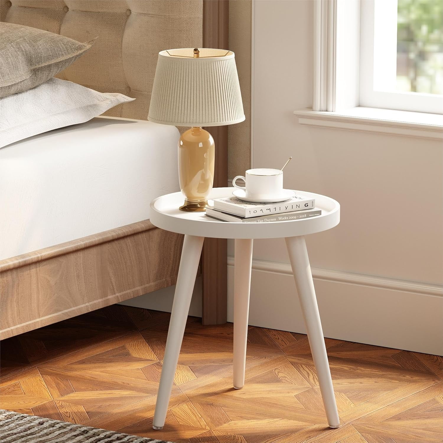Round White Side Table, Tray Nightstand Coffee End Table for Living ...