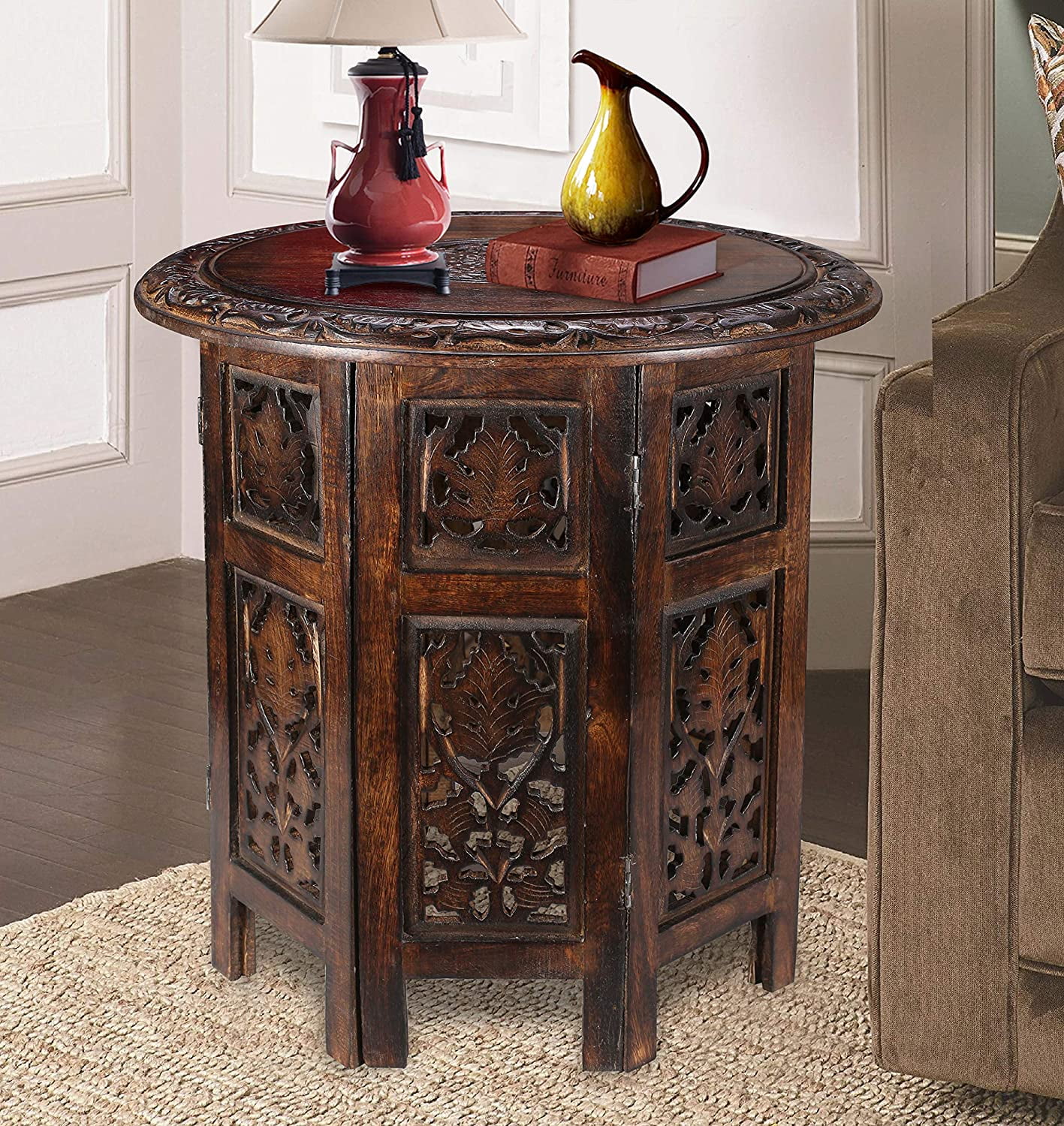Round Wood Coffee Table – 18” Carved Small Accent Side Table with Burnt ...