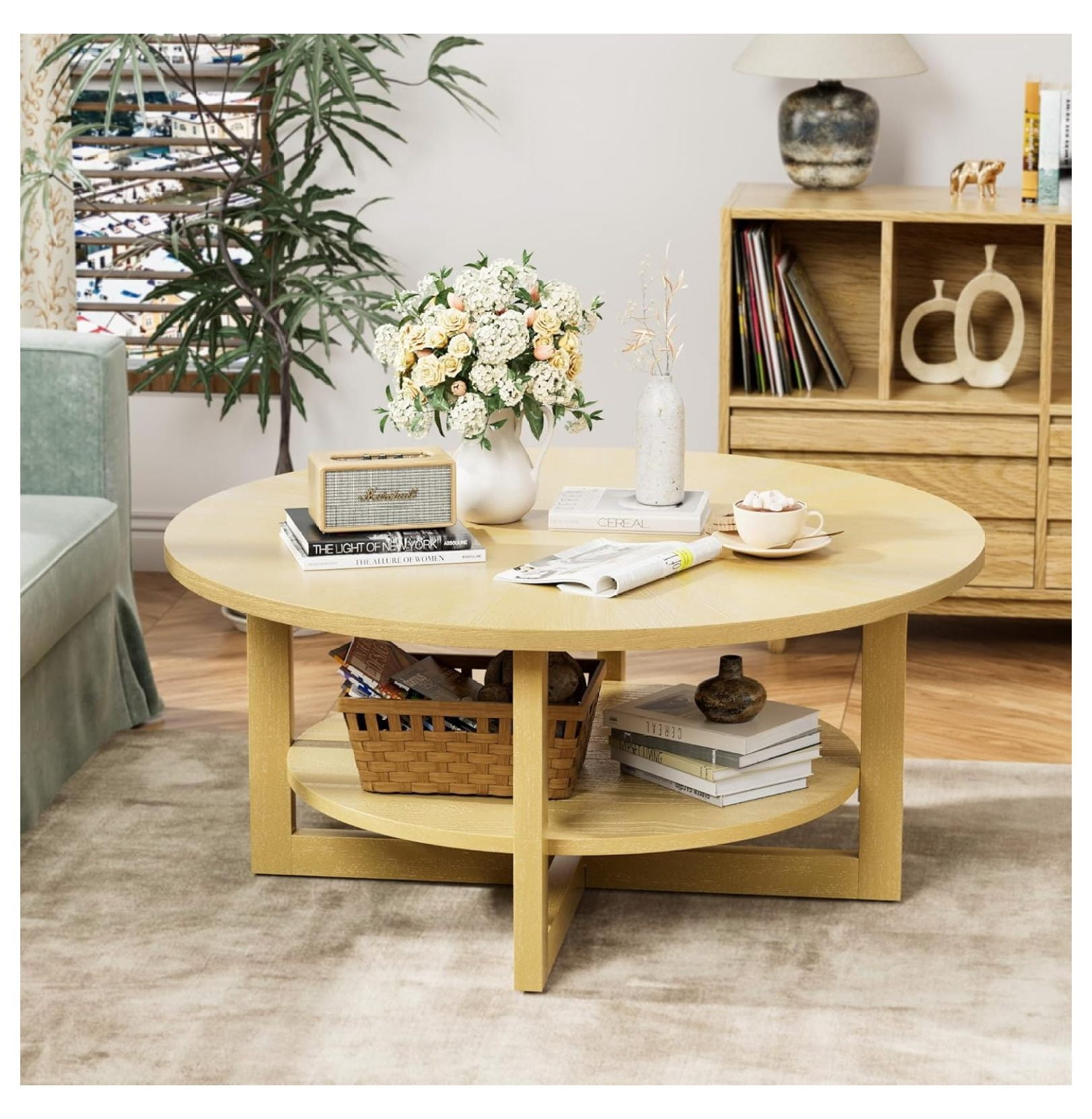 Round Wood Coffee Table, 2-Tier Solid Wooden Circle Table for Living ...