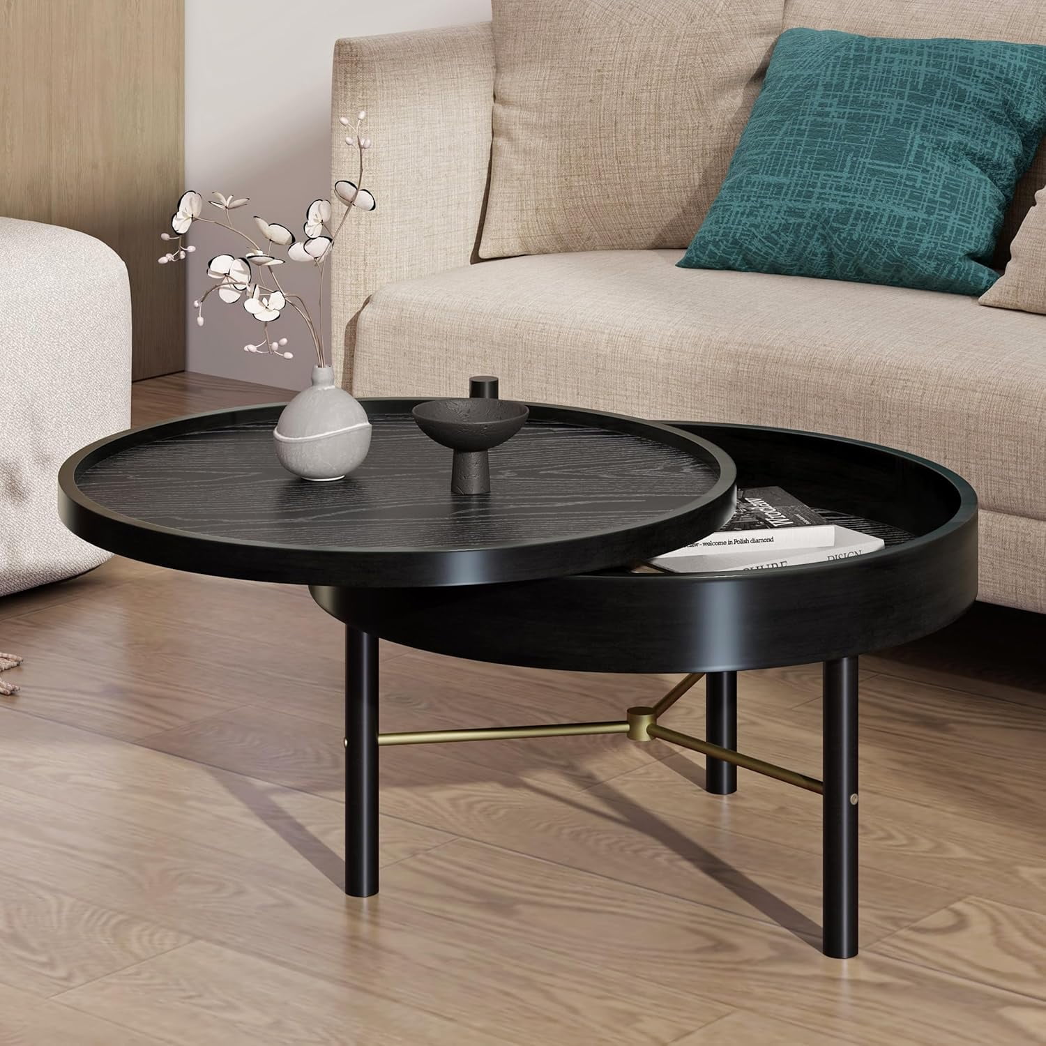 Round Wood Coffee Table - Rustic Rotating Coffee Table with Storage and ...