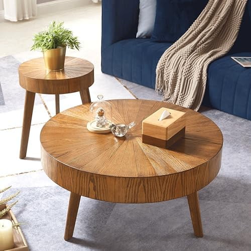 Round Wood Coffee Table Set of 2, Farmhouse Solid Wood Coffee Table ...