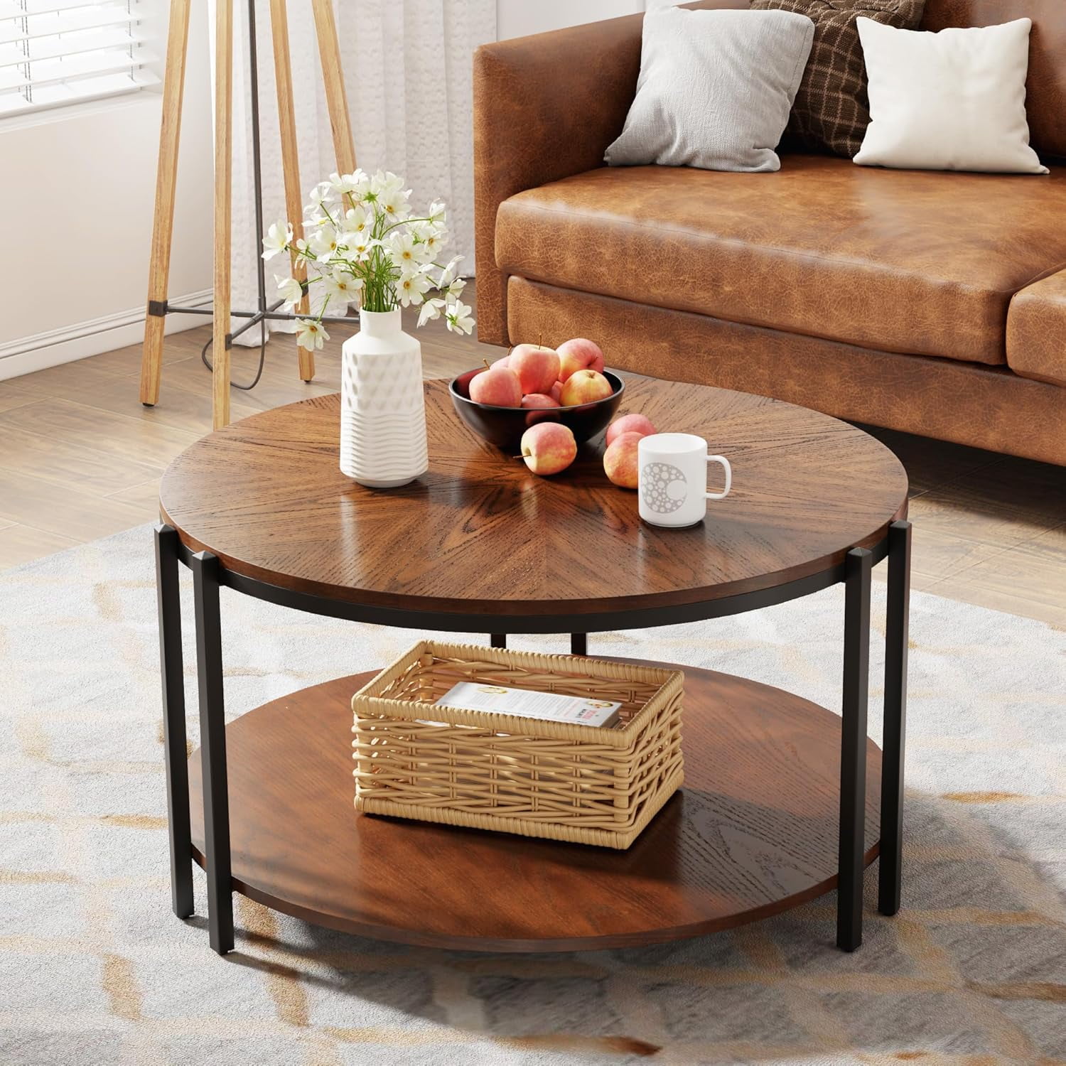 Round Wood Coffee Table with Storage, Circle Center Table w/Splicing ...
