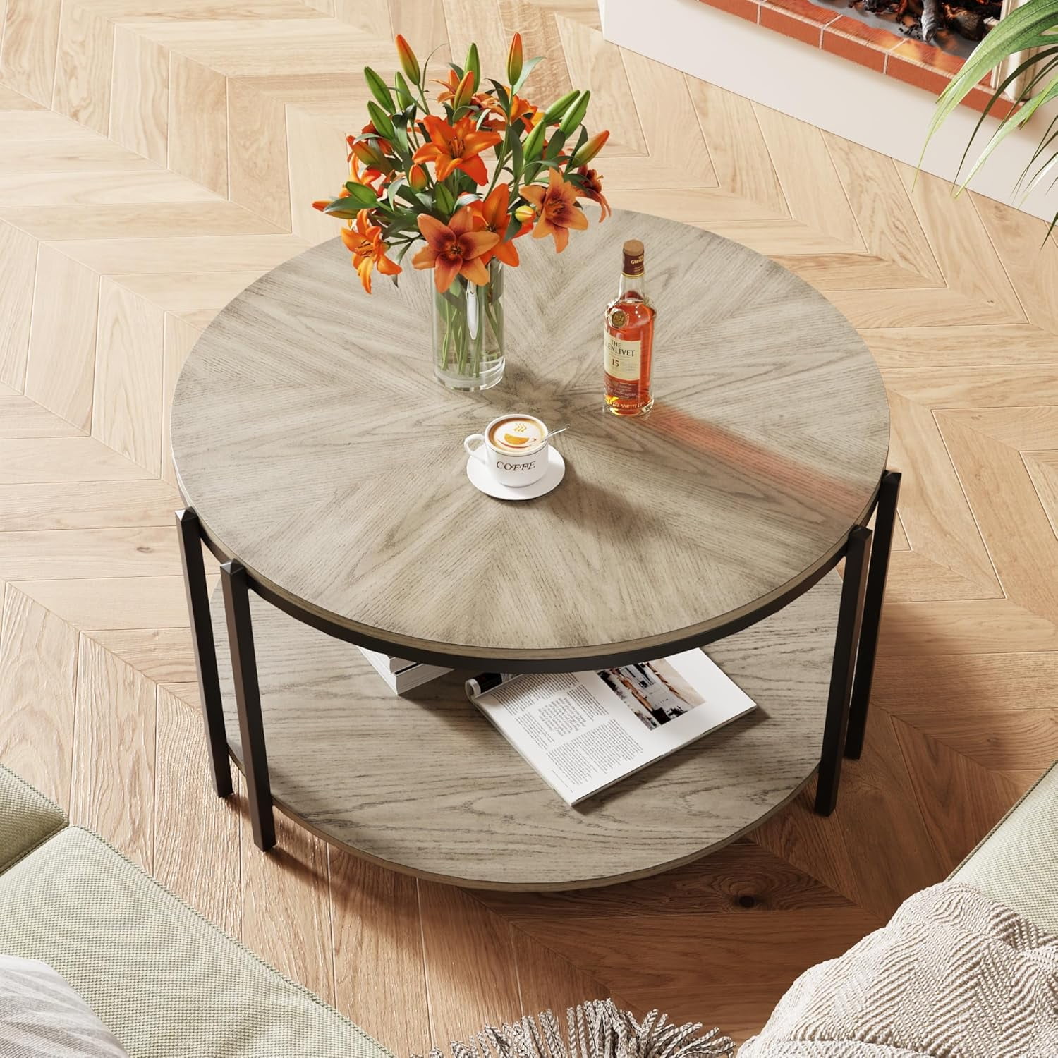 Round Wood Coffee Table with Storage, Circle Center Table w/Splicing ...