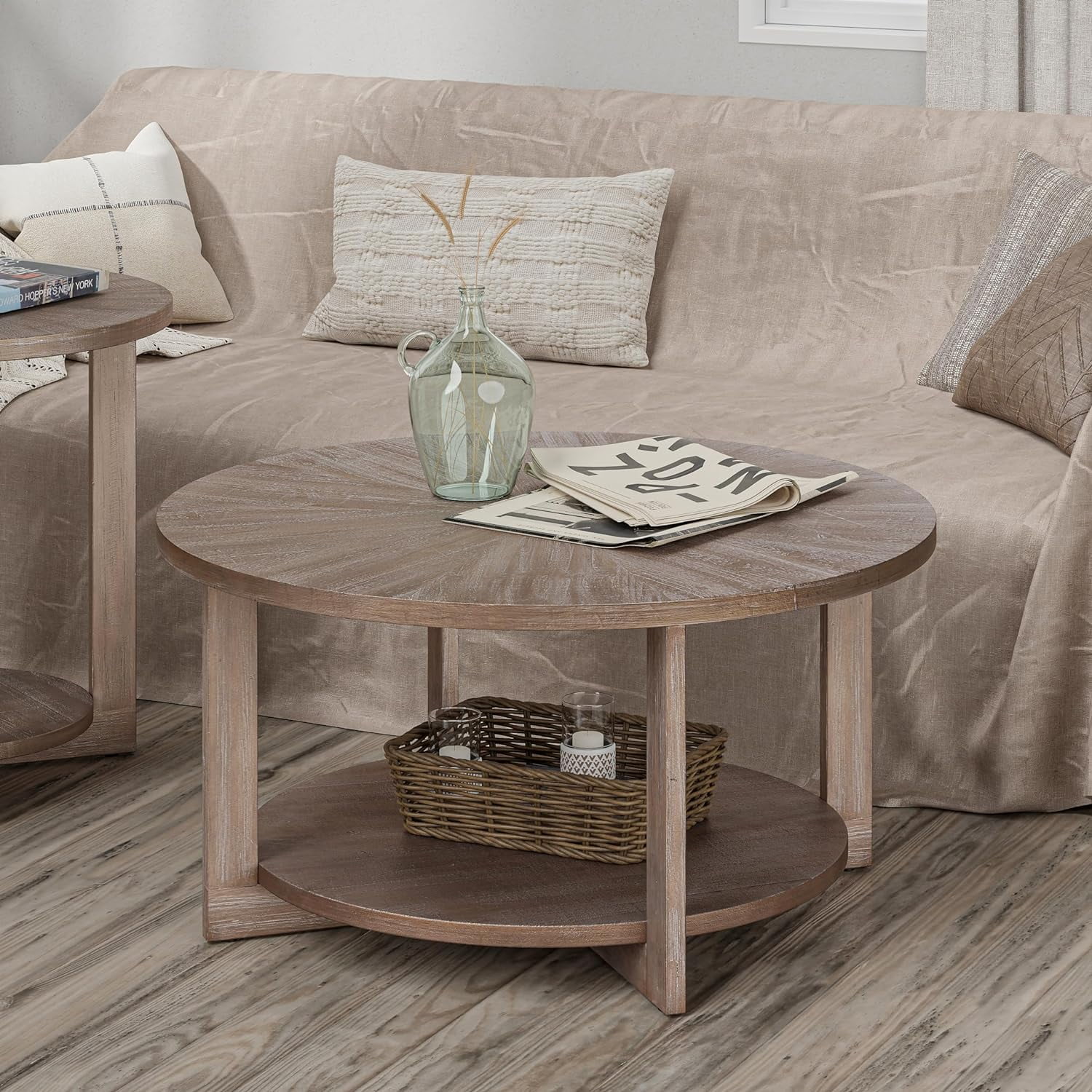 Round Wood Coffee Tables with Storage, Rustic Farmhouse Coffee Table ...