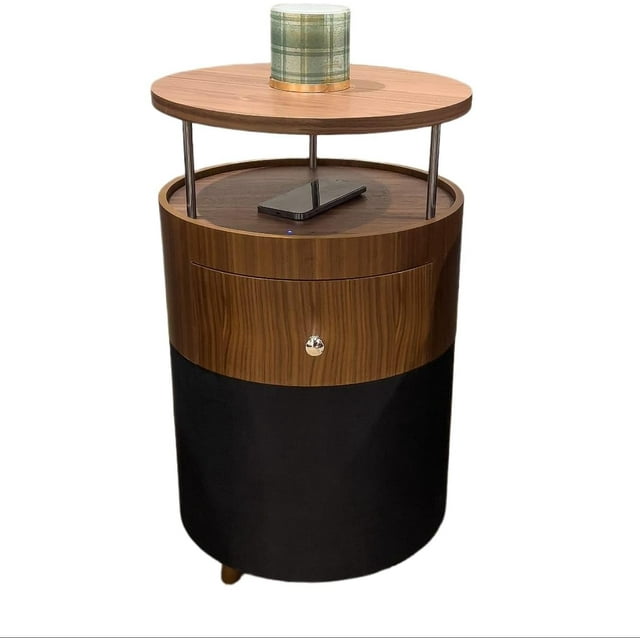 Round Wood End Table with Bluetooth Speaker, Wireless USB Outlets ...