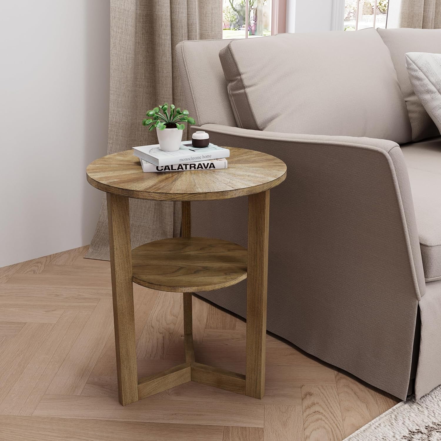 Round Wood End Table Living Room, 19.3" D Wood Circle Accent Side Table ...