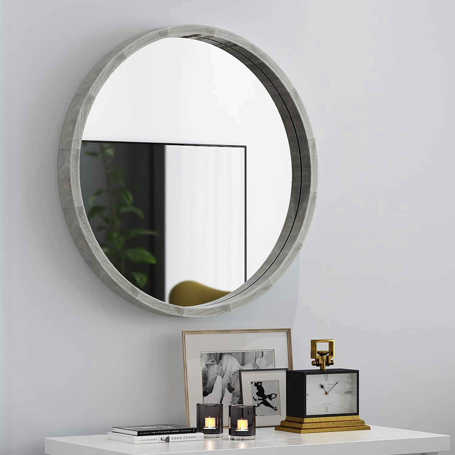 Round Wood Gray Mirror 30x30 Inch Modern Wall Mounted Mirror Wooden ...