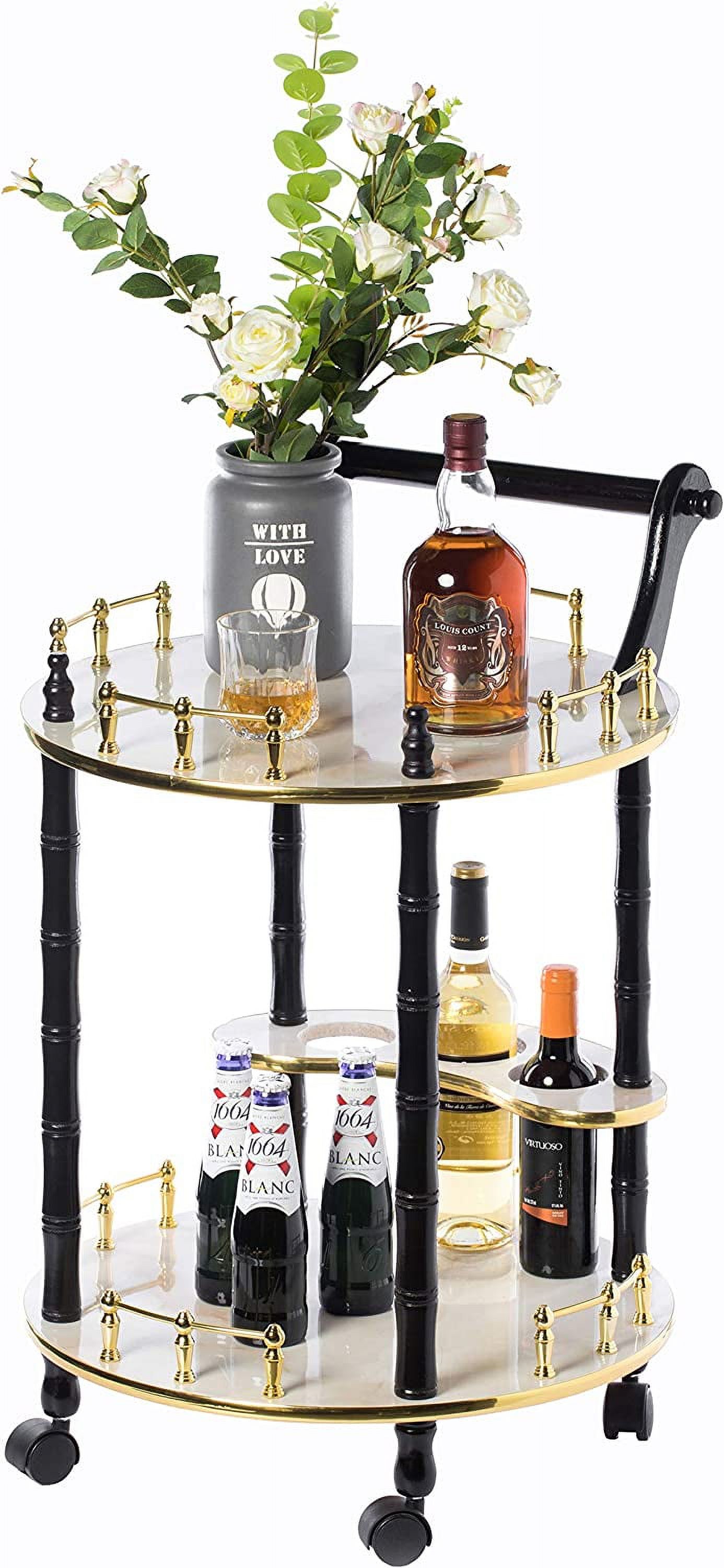 Round Wood Serving Bar Cart Tea Trolley, 2 Tier Shelves, Rolling Wheels ...