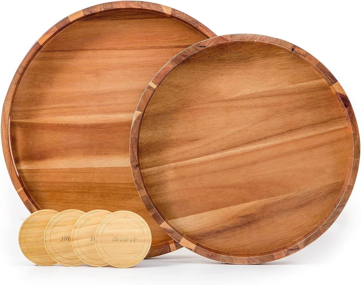 Round Wood Serving Trays Set of 2, Ottoman Tray Rustic Acacia Wooden ...