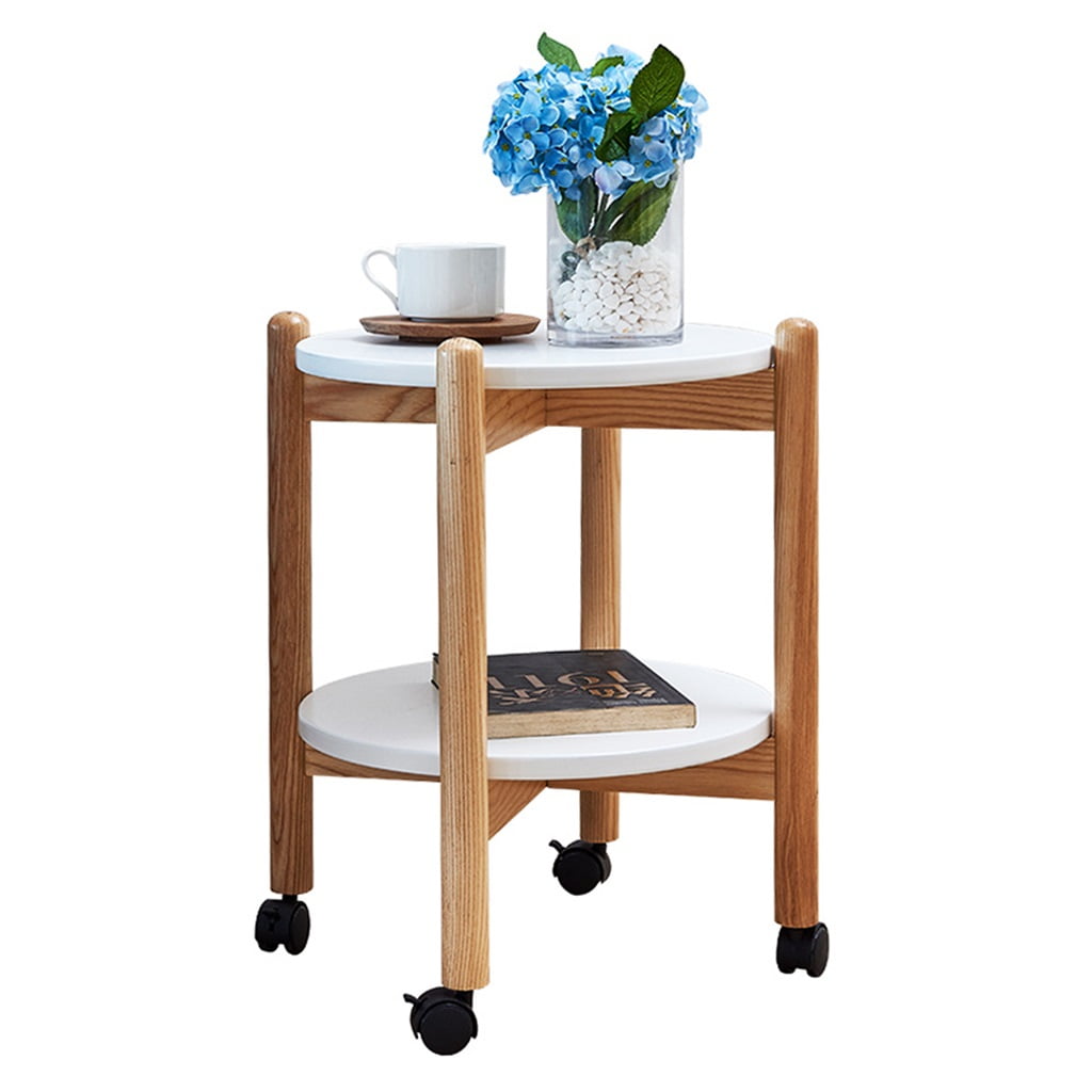 Round Wood Side Tables Living Room White End Tables Bedroom with Wheels ...