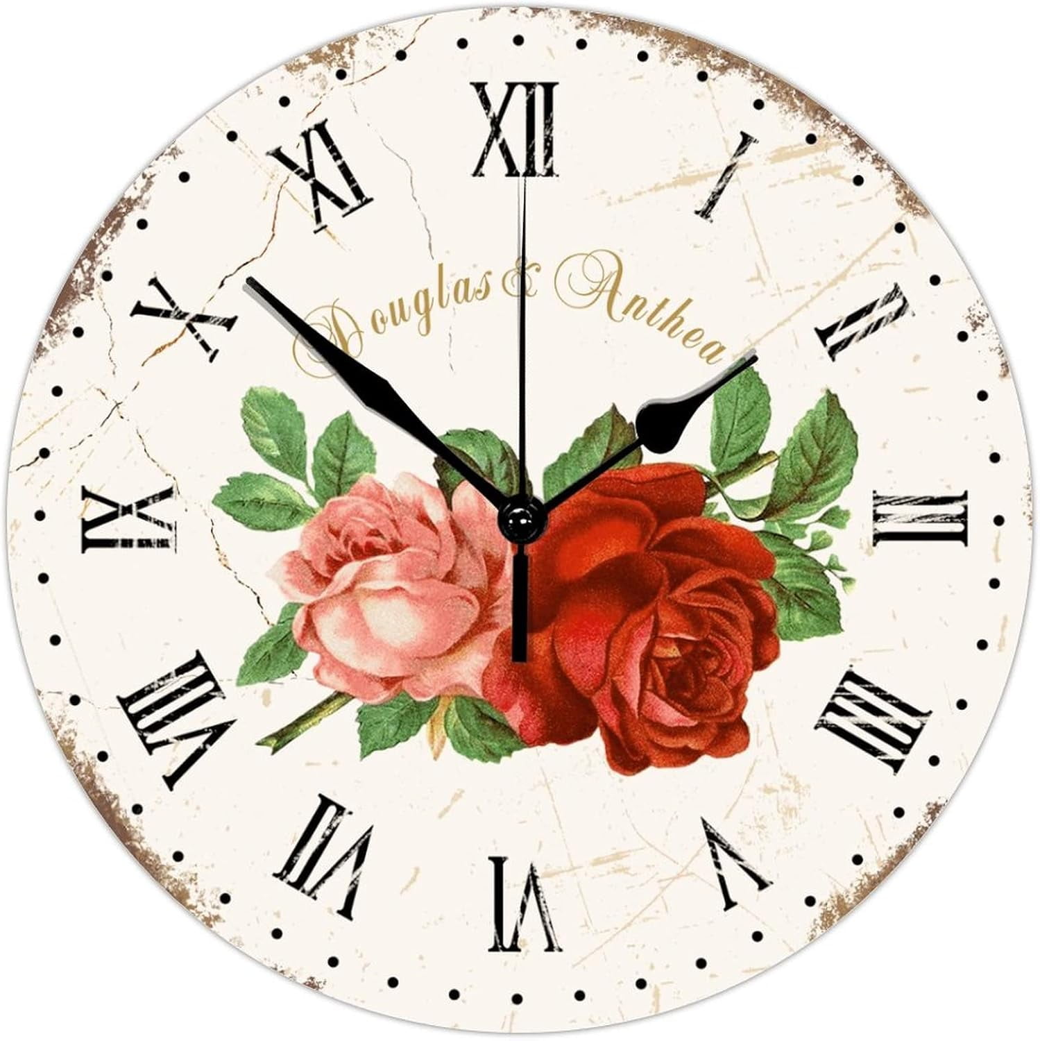 Round Wood Wall Clock Vintage Style Flowers Easy to Read Battery ...