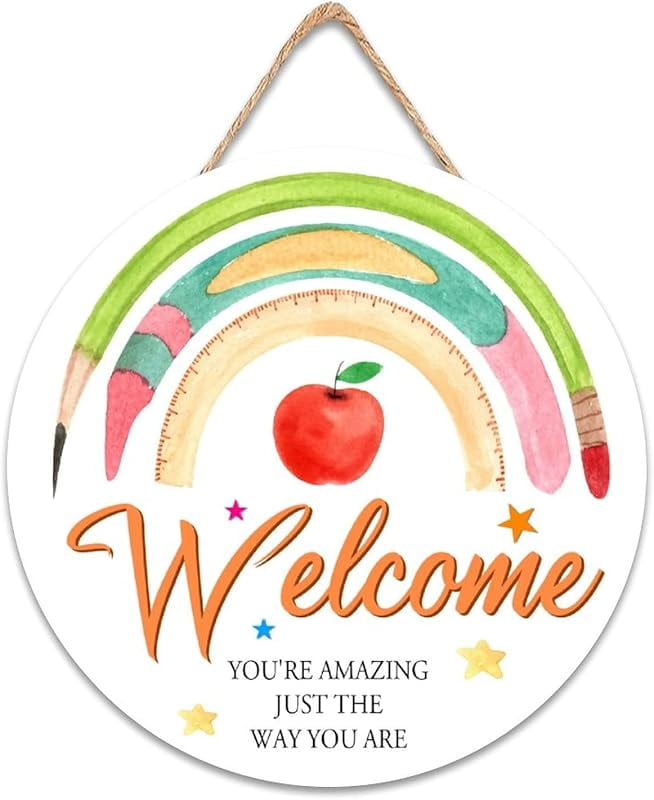 Round Wooden Back to School Door Sign Welcome Classroom Welcome Front ...