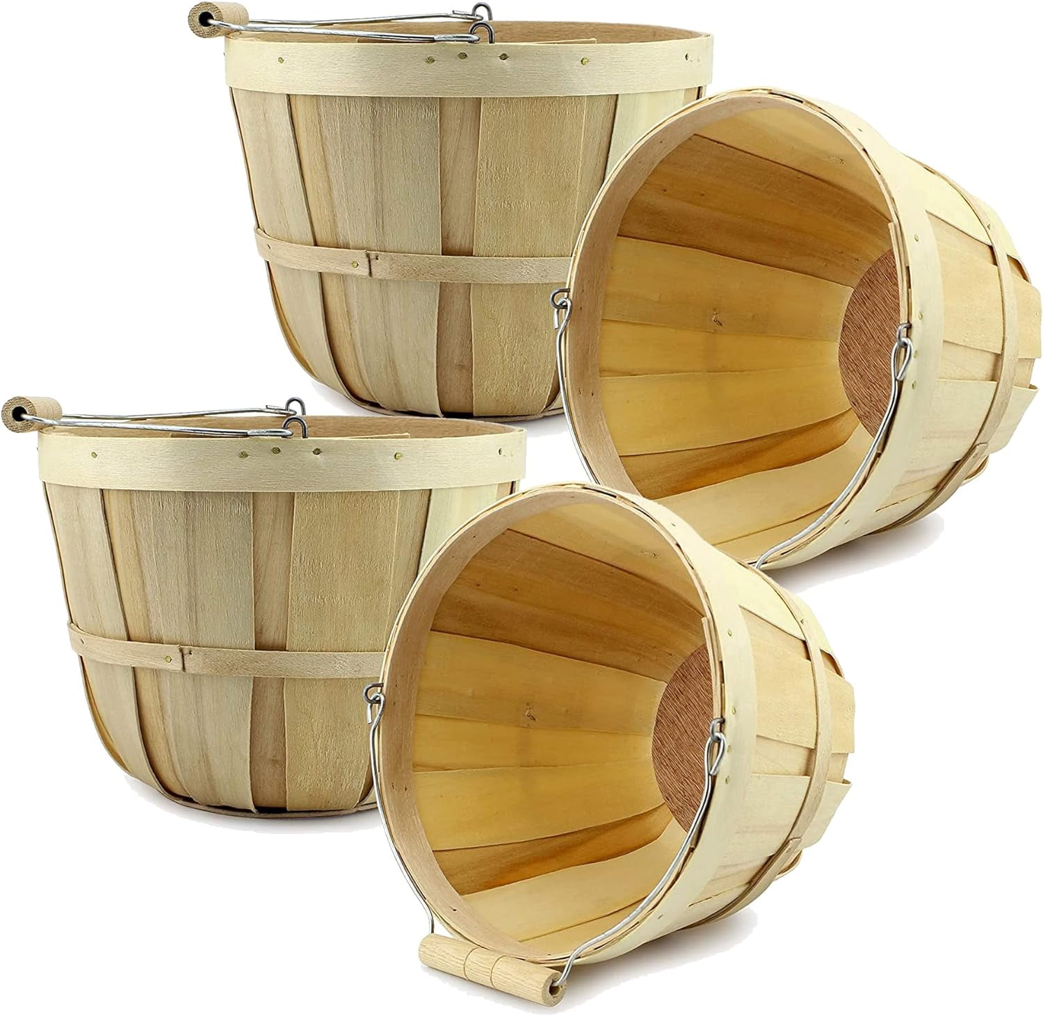 Round Wooden Baskets (4-Pack, Natural); Wood Fruit Buckets w/Handle, 4-Quart Capacity; 6.1 Inch ...