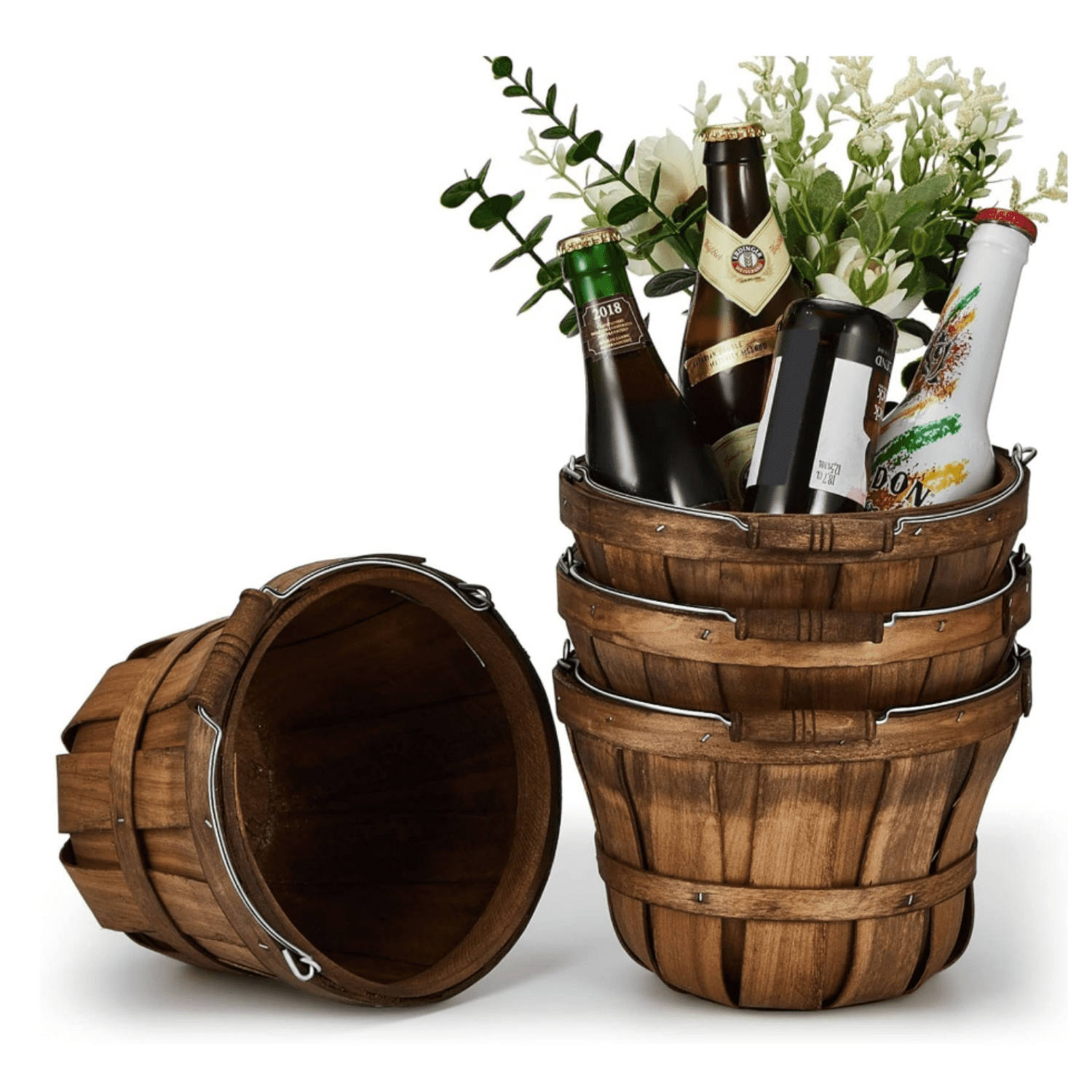 Round Wooden Baskets Easter Wood Fruit Buckets with Handle Empty Bushel ...