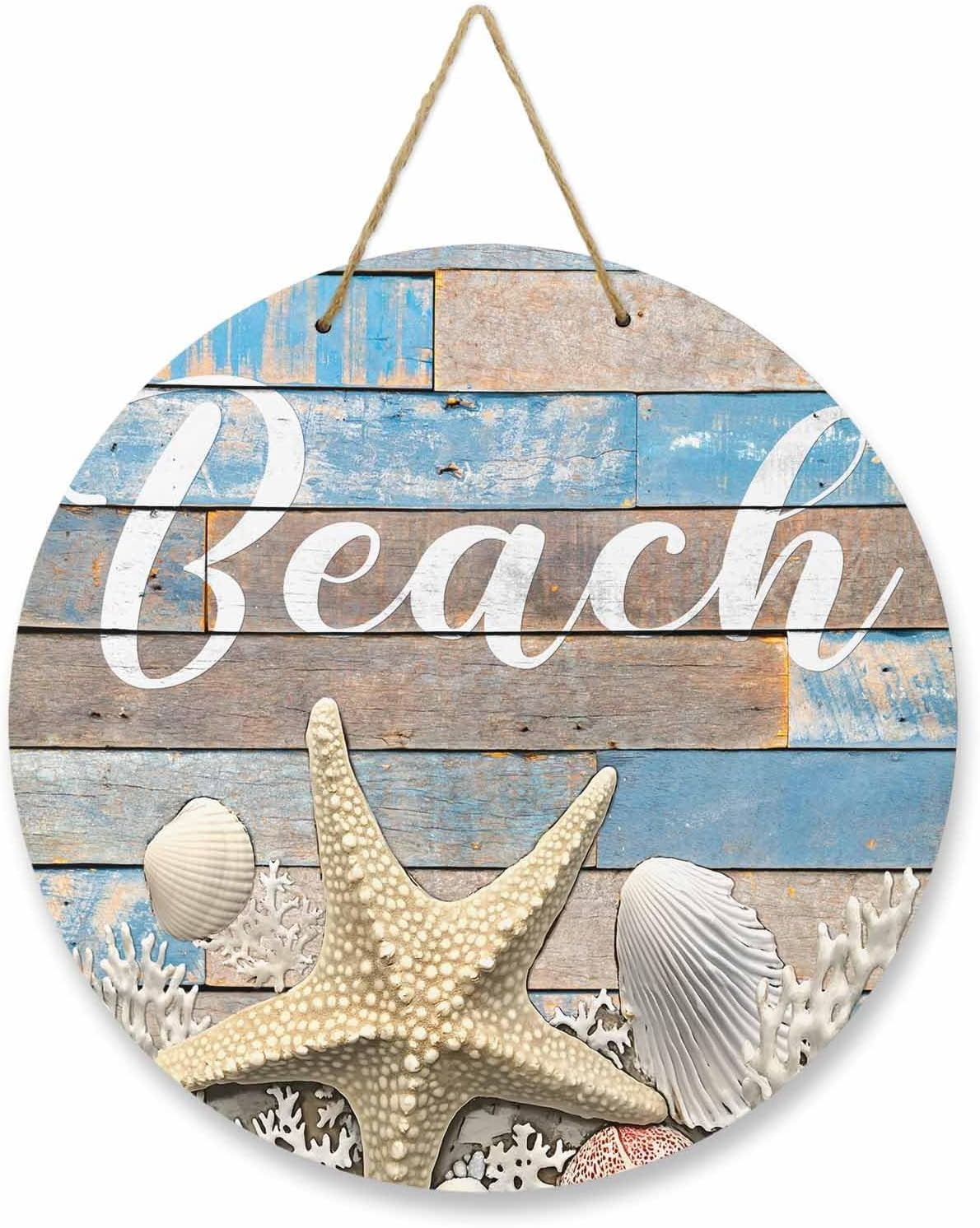 Round Wooden Beach Starfish Shell Welcome Sign for Front Door Porch ...