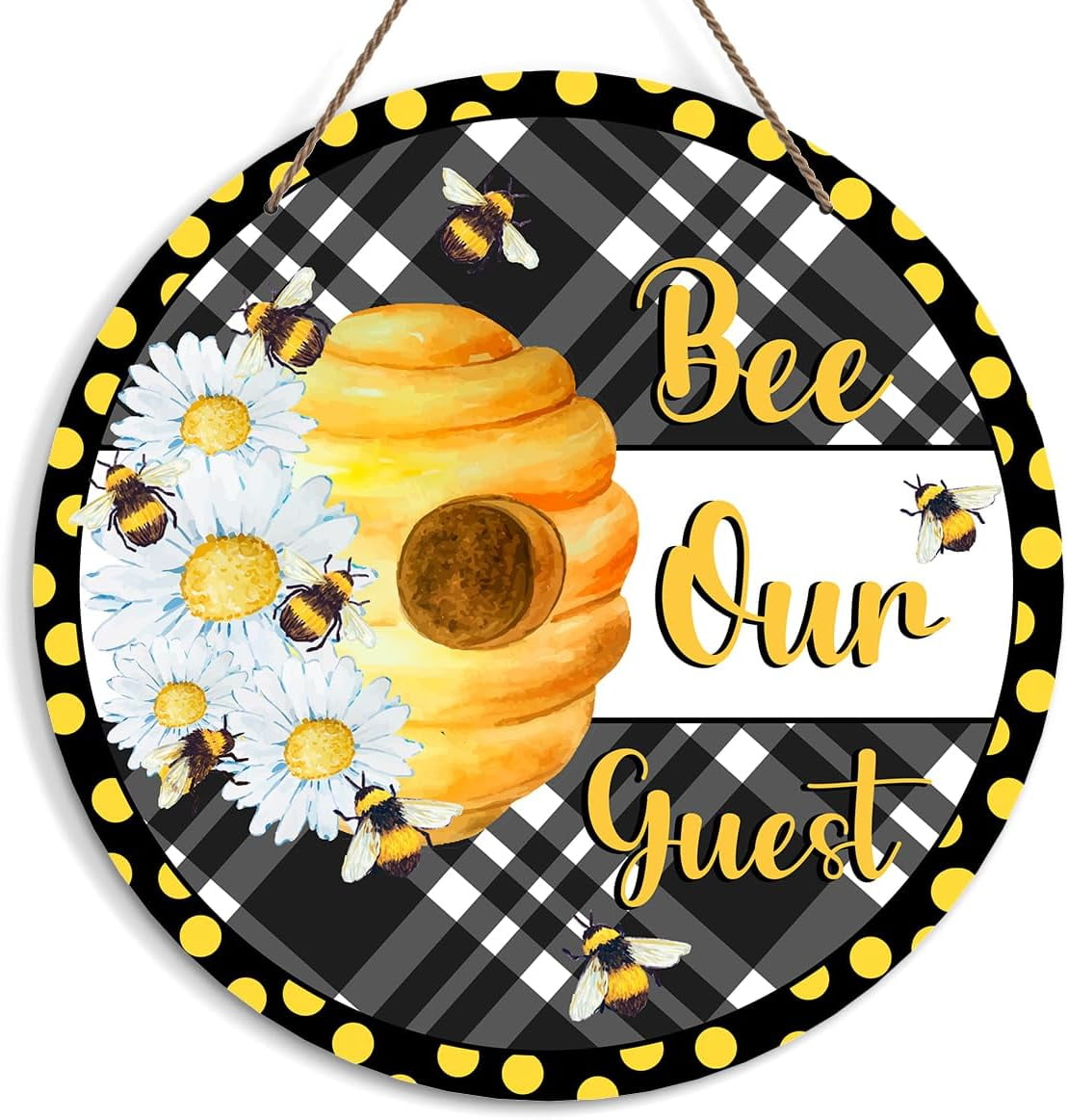 Round Wooden Bee Welcome Sign for Front Door, Bee Our Guest Welcome ...