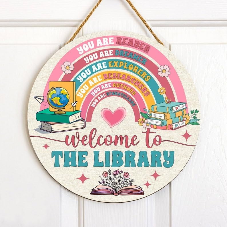 Round Wooden Door Sign Library Decor, Library Door Sign, School Library ...
