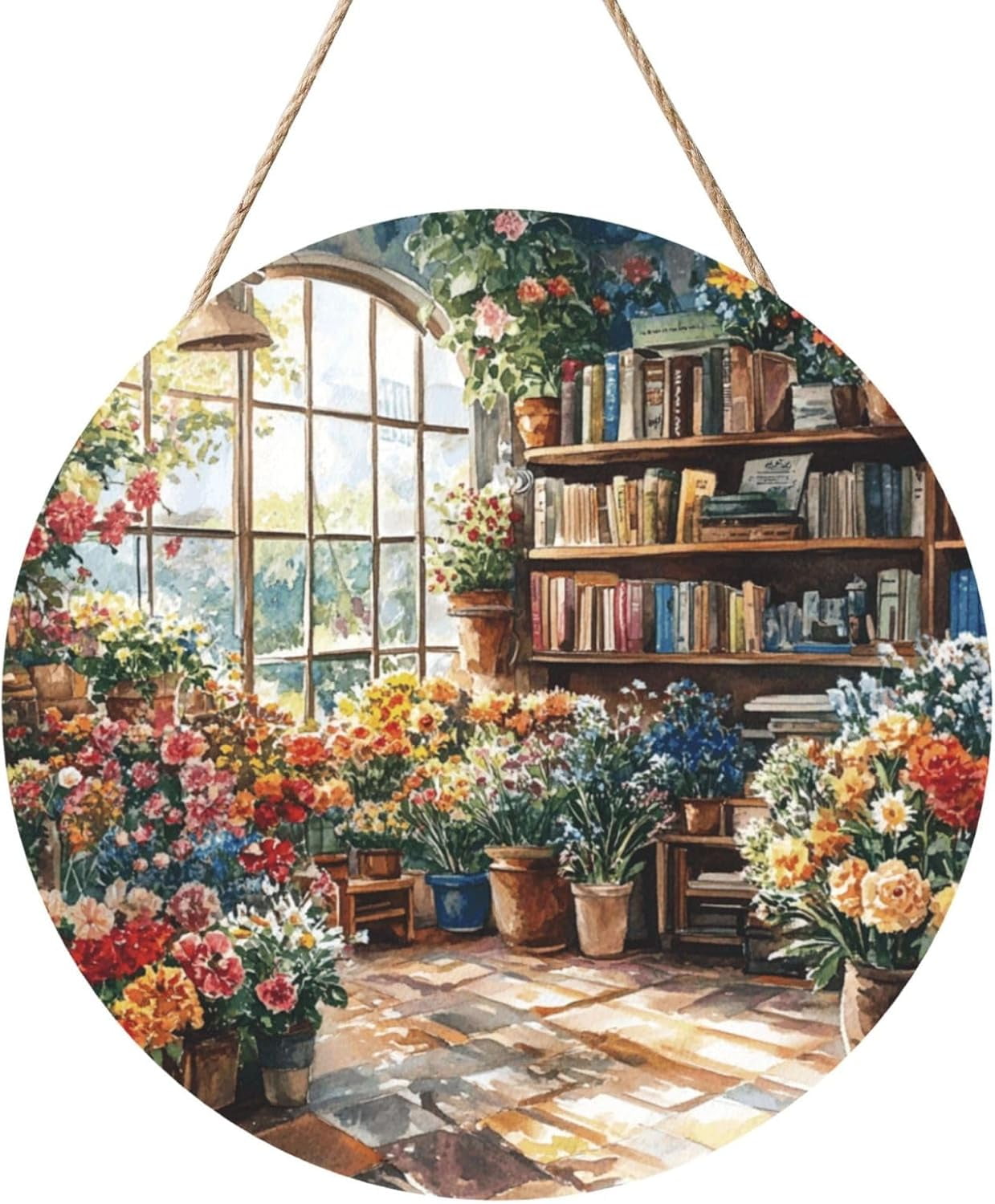 Round Wooden Door Sign, Whimsical Wall Art, Circular Floral Bibliophile ...