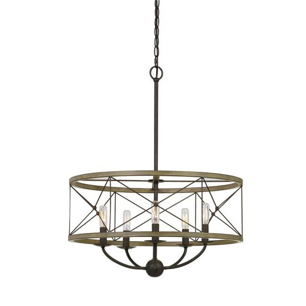 Round Wooden Frame Pendant Fixture with Metal Lattice Design, Dark ...