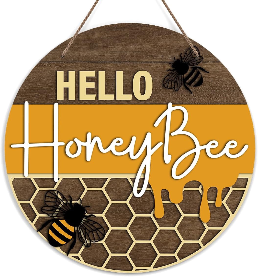 Round Wooden Hello Honey Bee Welcome Door Sign,Decor Wooden Sign Round ...