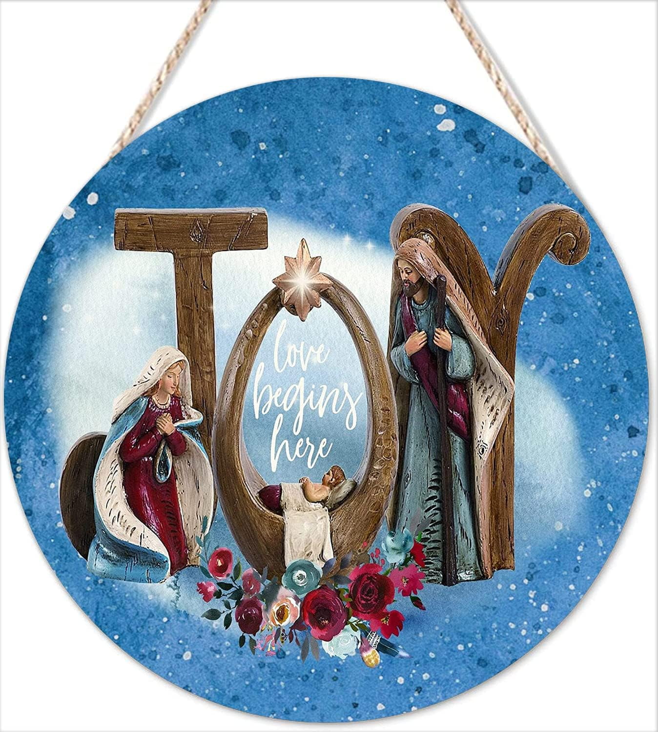 Round Wooden Plaque Sign Joy Wreath Sign, Nativity Rustic Wood Sign ...