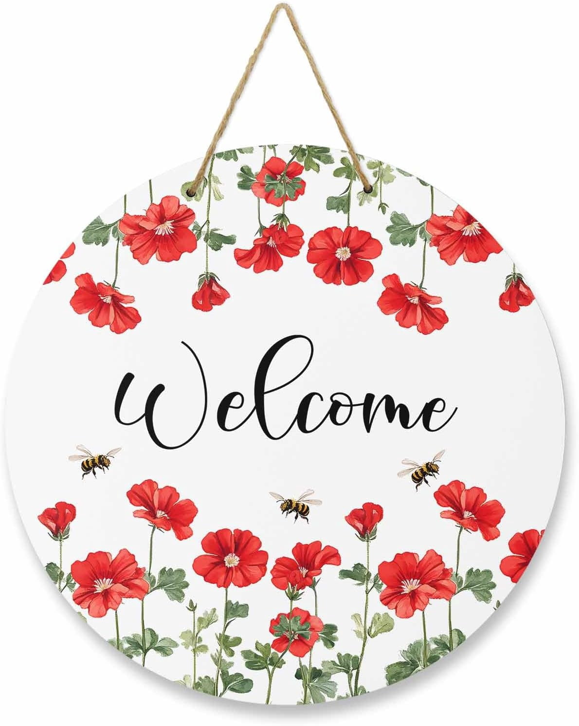 Round Wooden Poppy Floral Welcome Door Sign for Front Door Red Green ...