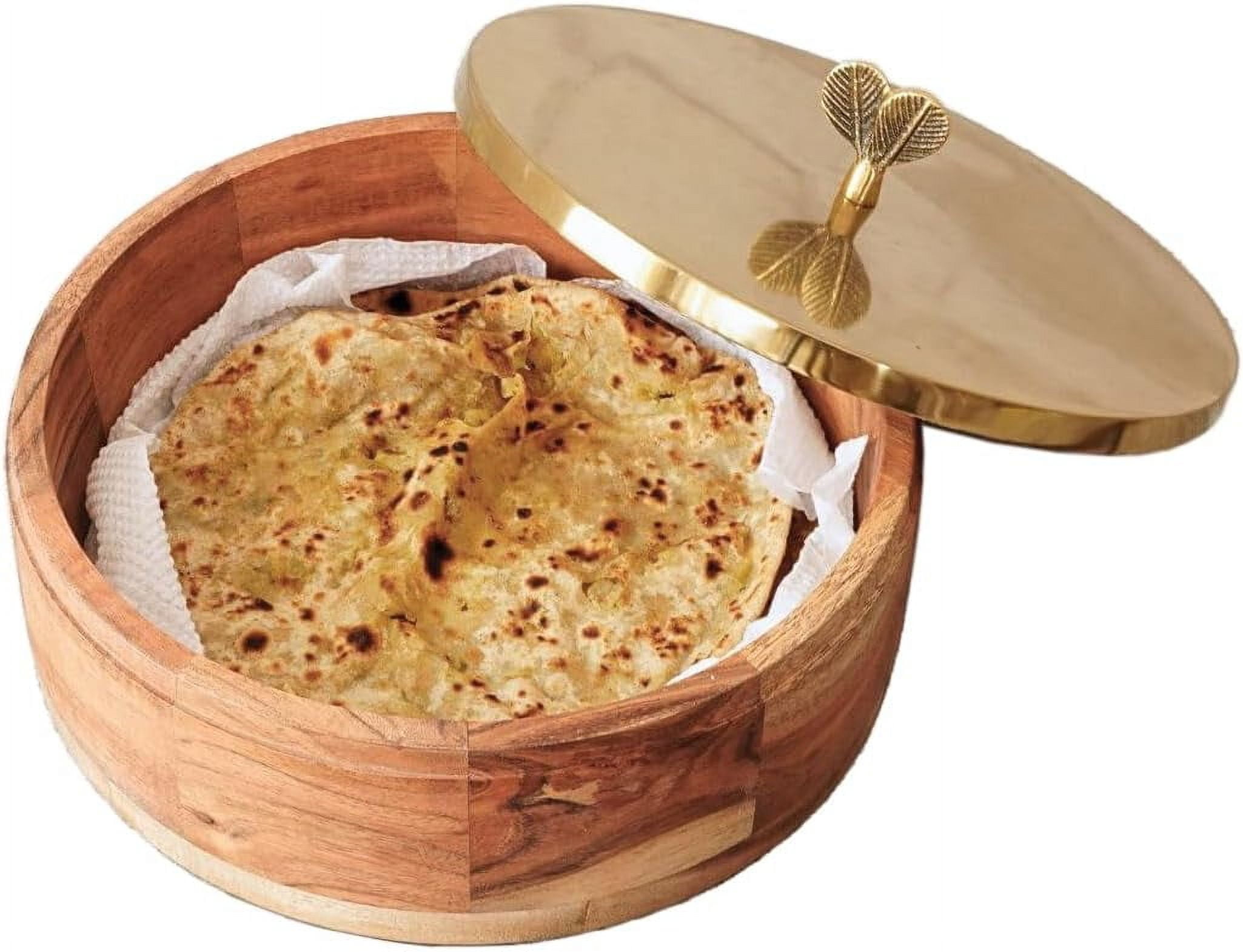 Round Wooden Roti/Tortilla/Flatbread Casserole Box with Stainless Steel ...