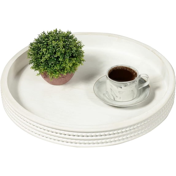 Round Wooden Serving Tray, Whitewashed Round Decorative Wood Tray ...