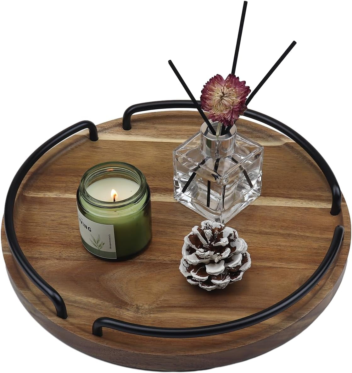 Round Wooden Serving Tray with Handles, 12-inch Wood Tray for Living ...