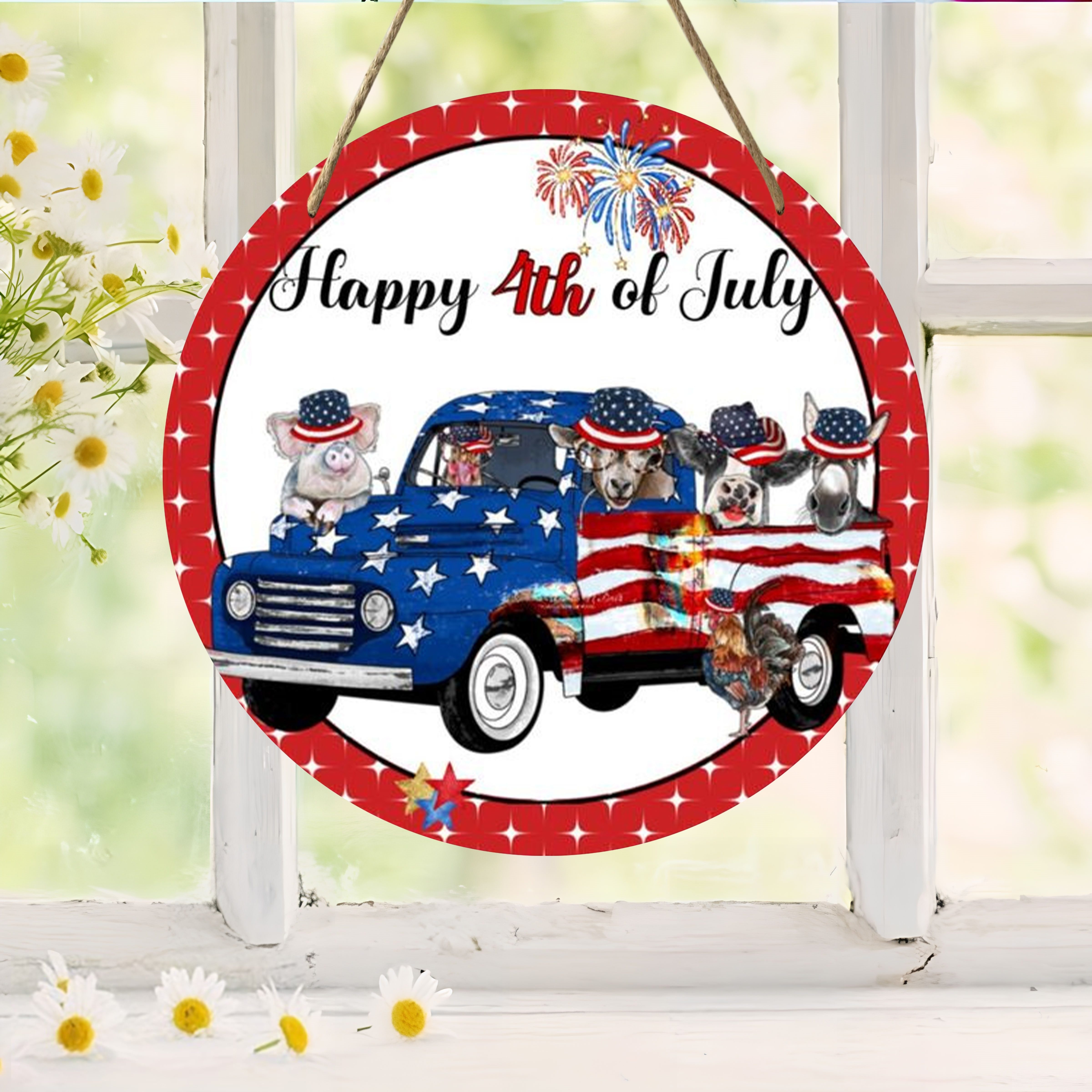 Round Wooden Sign Decorative Sign 4th Of July Independence Day Truck ...